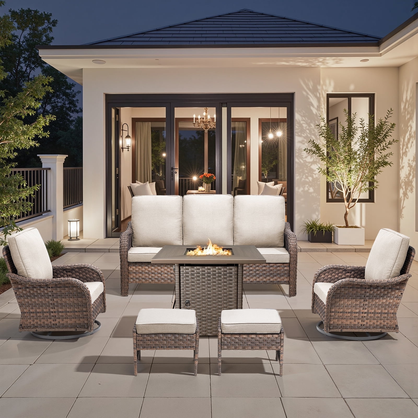Gymojoy 6 Piece Patio Furniture Fire Pit Sets Wicker Sofa with Swivel ...
