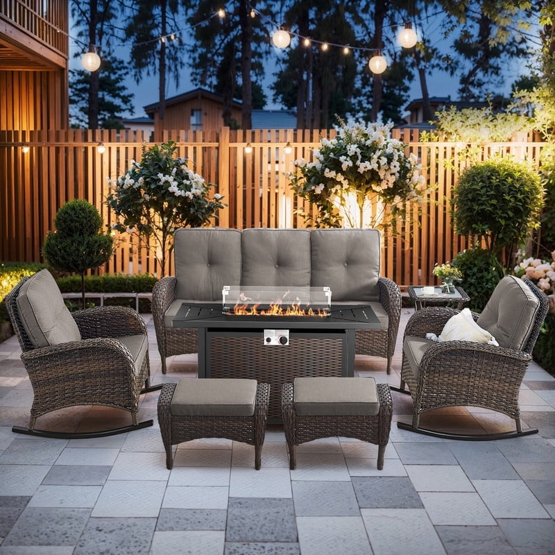 Gymojoy 7-Piece Brown Outdoor Patio Furniture with Fire Pit Table High ...