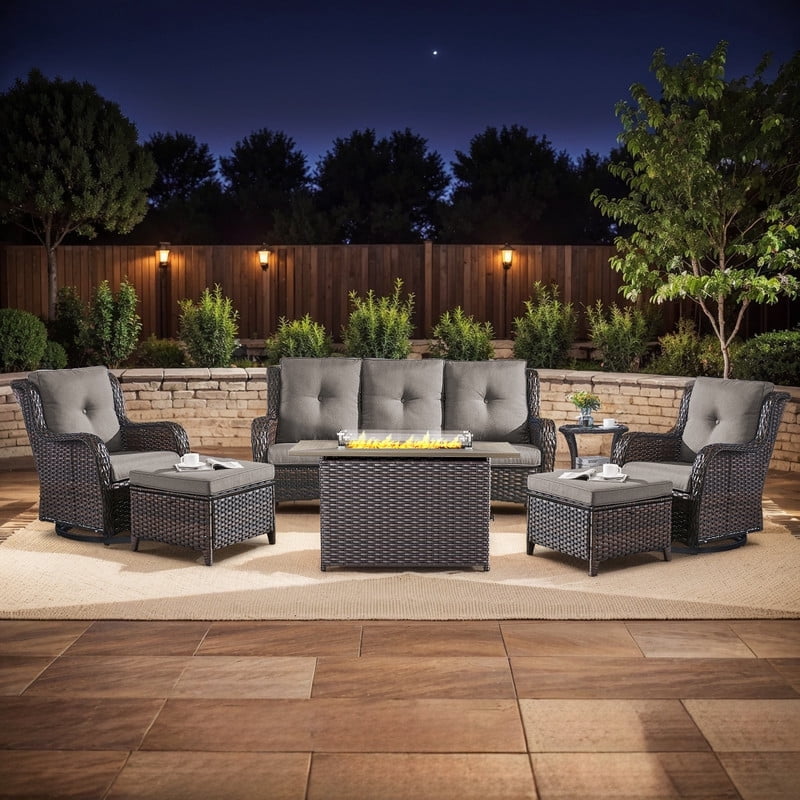 Gymojoy 7-Piece Patio Furniture Set with 41" Fire Pit Table, Outdoor PE ...