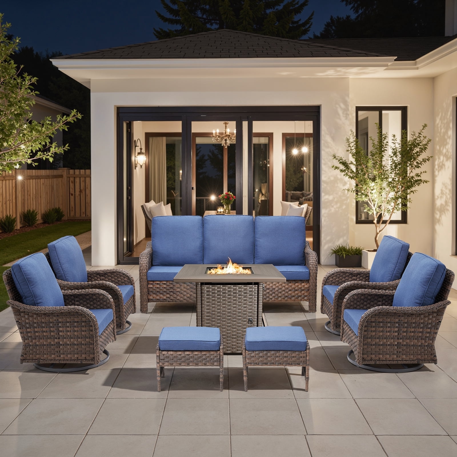 Gymojoy 8 Piece Patio Furniture Fire Pit Sets Wicker Sofa with 4 Swivel ...