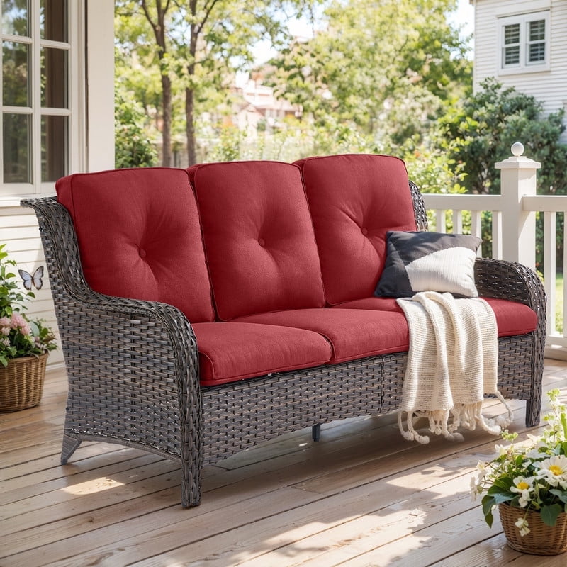 Gymojoy All Weather Wicker Patio Couch, 3 Seats Patio Sofa with High ...