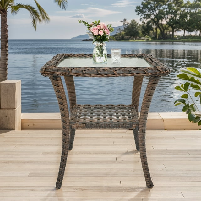 Gymojoy Outdoor Wicker Patio Side Table with Storage, Tempered Glass ...