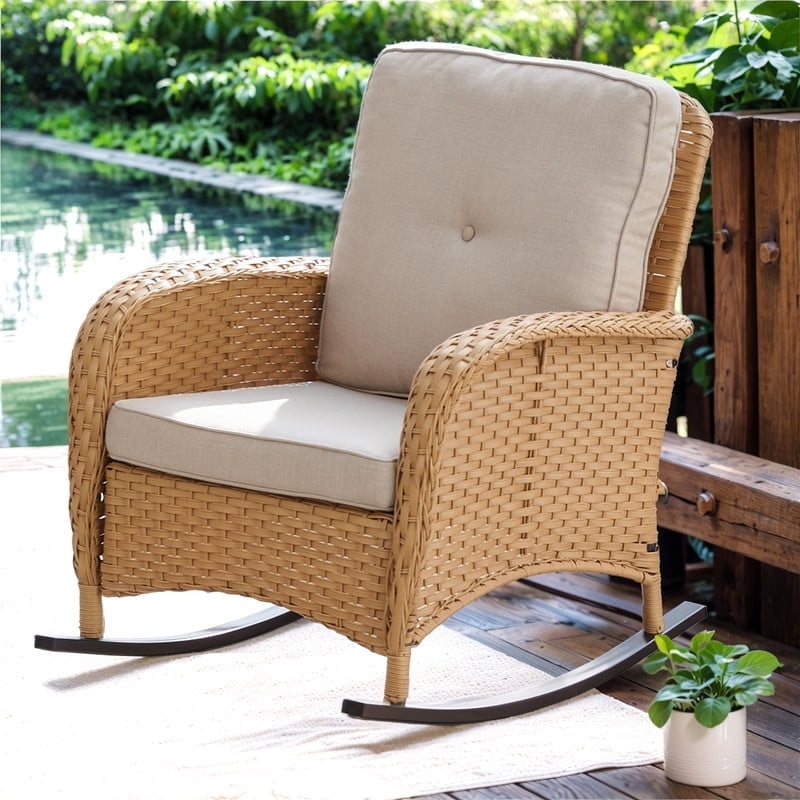 Gymojoy Outdoor Yellow Wicker Rocking Chair, All Weather Resin Rattan ...