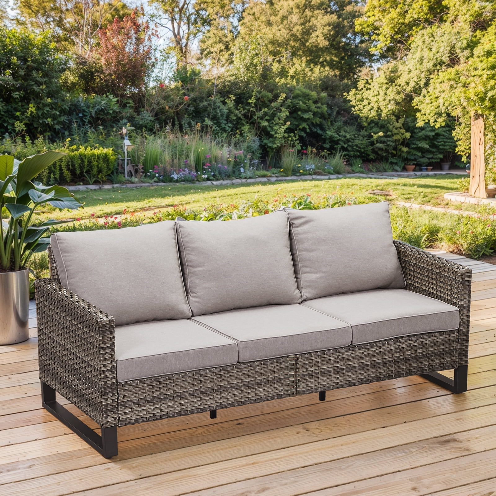 Gymojoy Patio Sofa, All Weather Outdoor Rattan Wicker 3-Seat Sofa High ...
