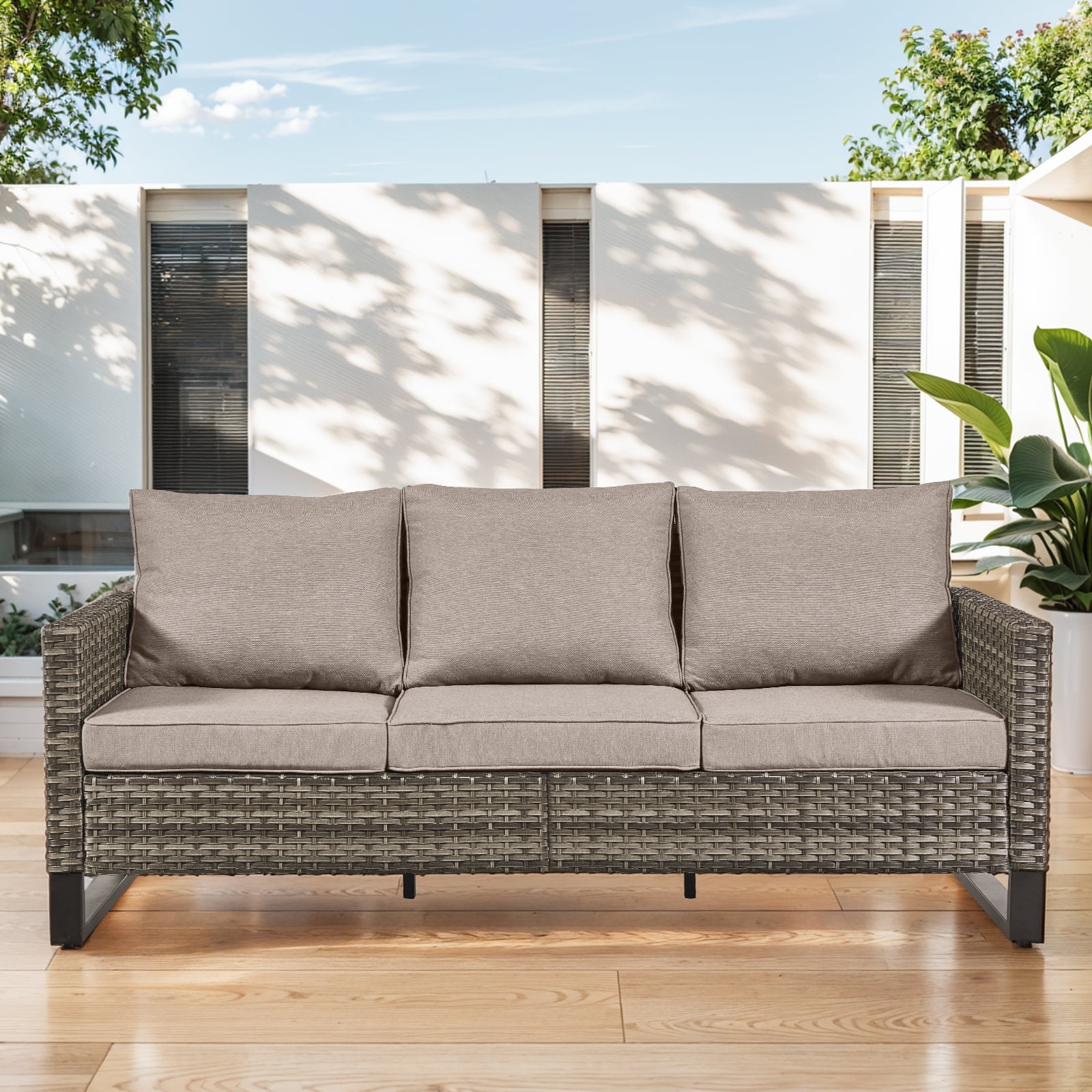 Gymojoy Patio Sofa, All Weather Outdoor Rattan Wicker 3-Seat Sofa High ...