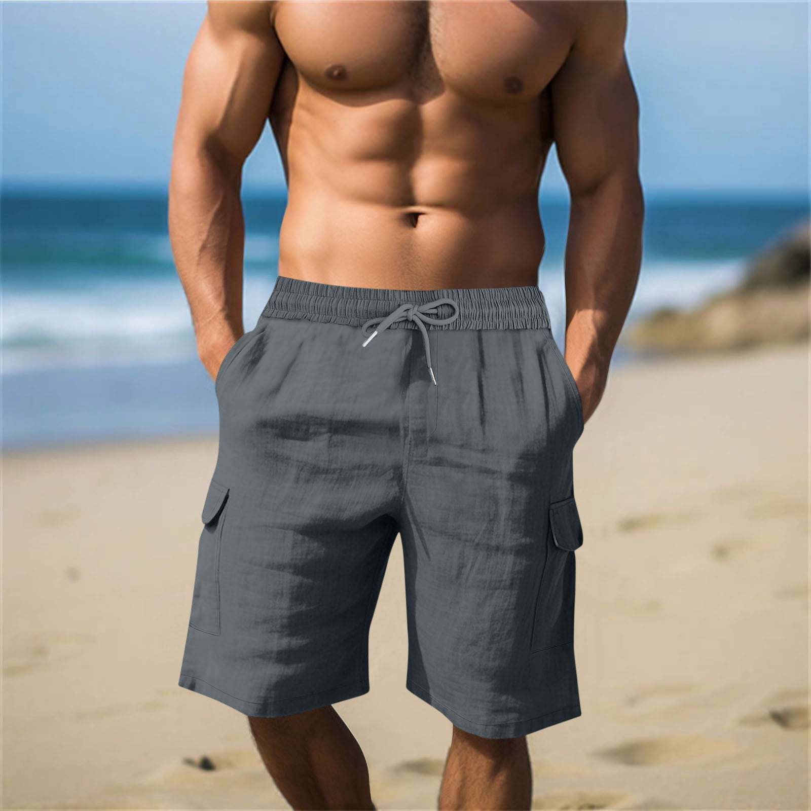 Gymvis Mens Cotton linen Shorts Straight leg Solid color Elastic waist ...