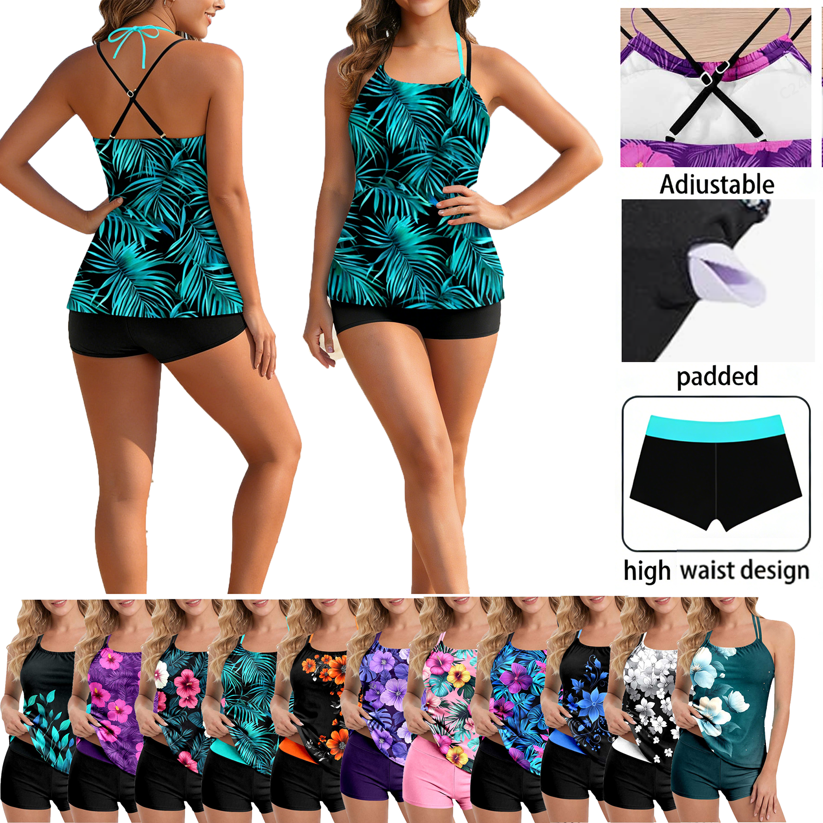 Gymvis Women's Two Piece Swimsuit Set with Tummy Control and Adjustable ...