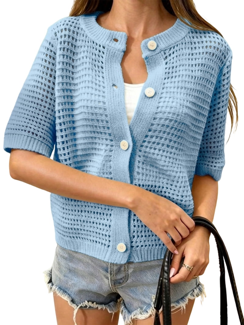 Gynyvoja Women'S Short Sleeve Openwork Crochet Button Front Knit ...