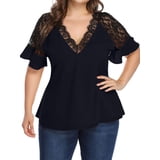 Gynyvoja Women'S for Plus Size Flounce Short Sleeve Work Lace Deep V ...