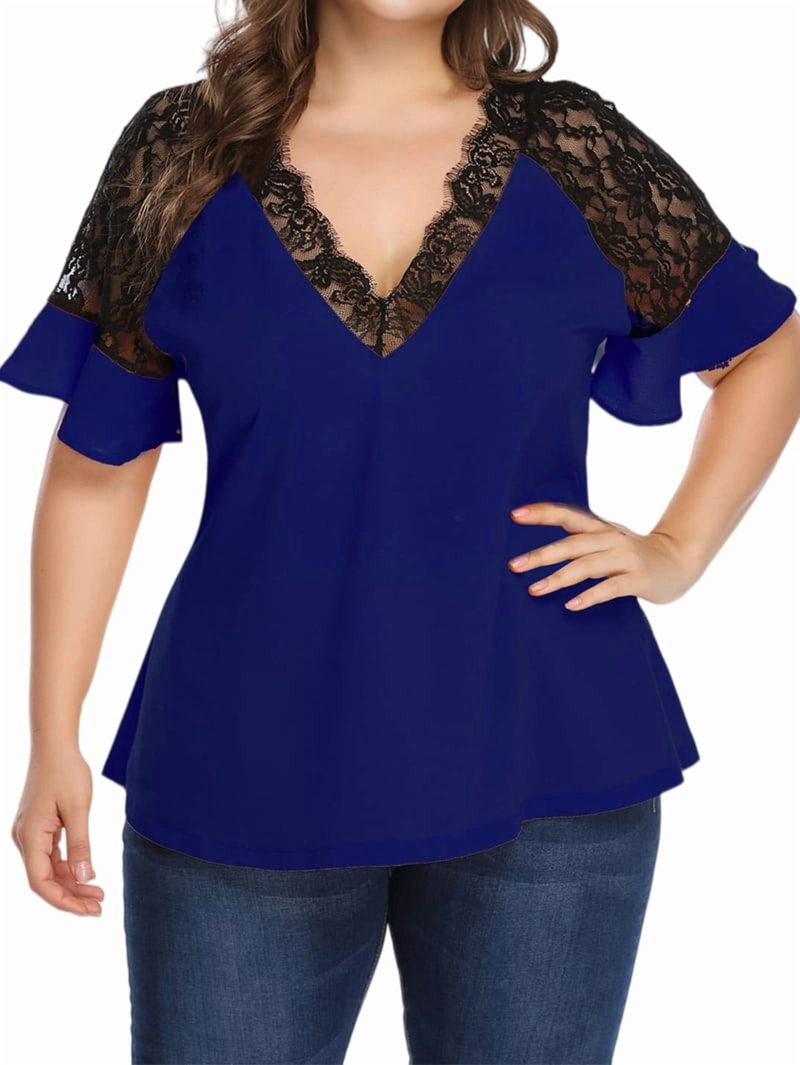 Gynyvoja Women'S for Plus Size Flounce Short Sleeve Work Lace Deep V ...