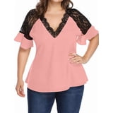 Gynyvoja Women'S for Plus Size Flounce Short Sleeve Work Lace Deep V ...