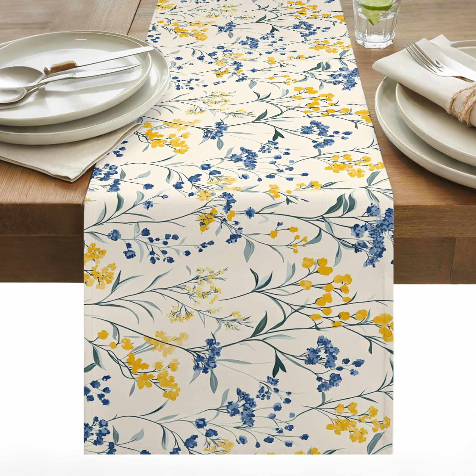 Gypsophila Flowers Cotton Linen Table Runner Spring Yellow Blue Floral ...