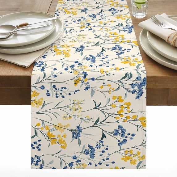 Gypsophila Flowers Cotton Linen Table Runner Spring Yellow Blue Floral ...
