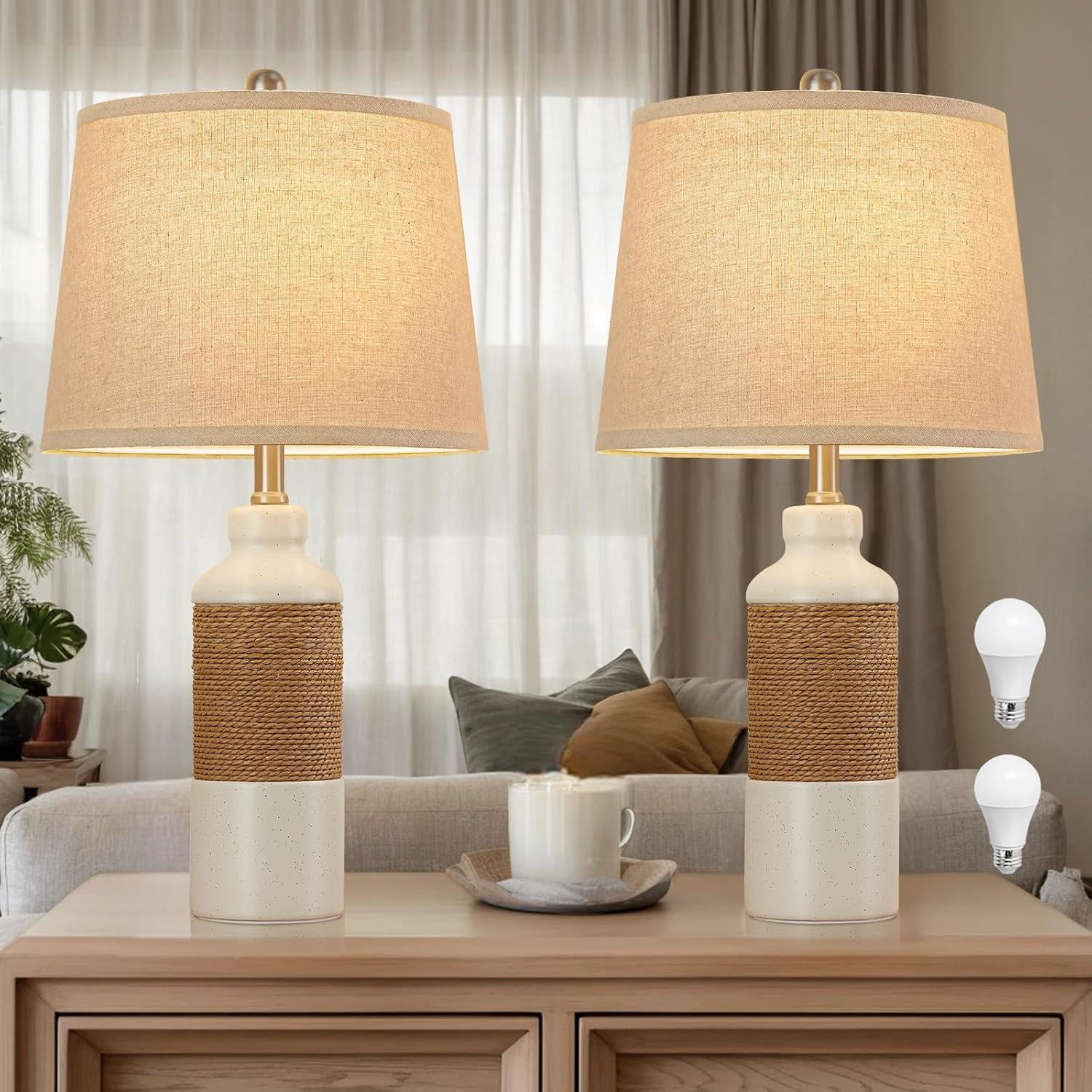 GyroVu Boho Rattan Table Lamp Set of 2, 3 Color Temperature Bedside ...