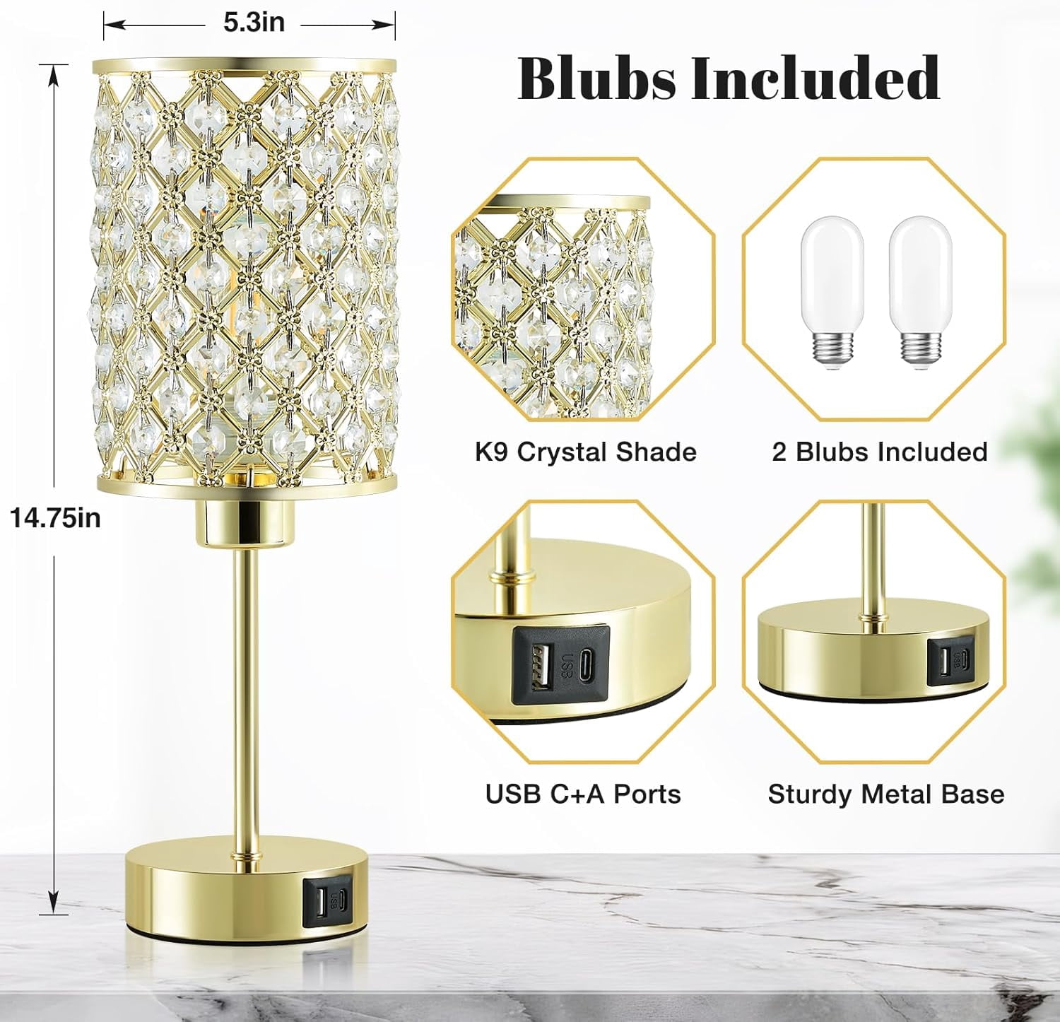 GyroVu Crystal Table Lamps Set of 2, Gold Touch Lamp for Nightstand ...