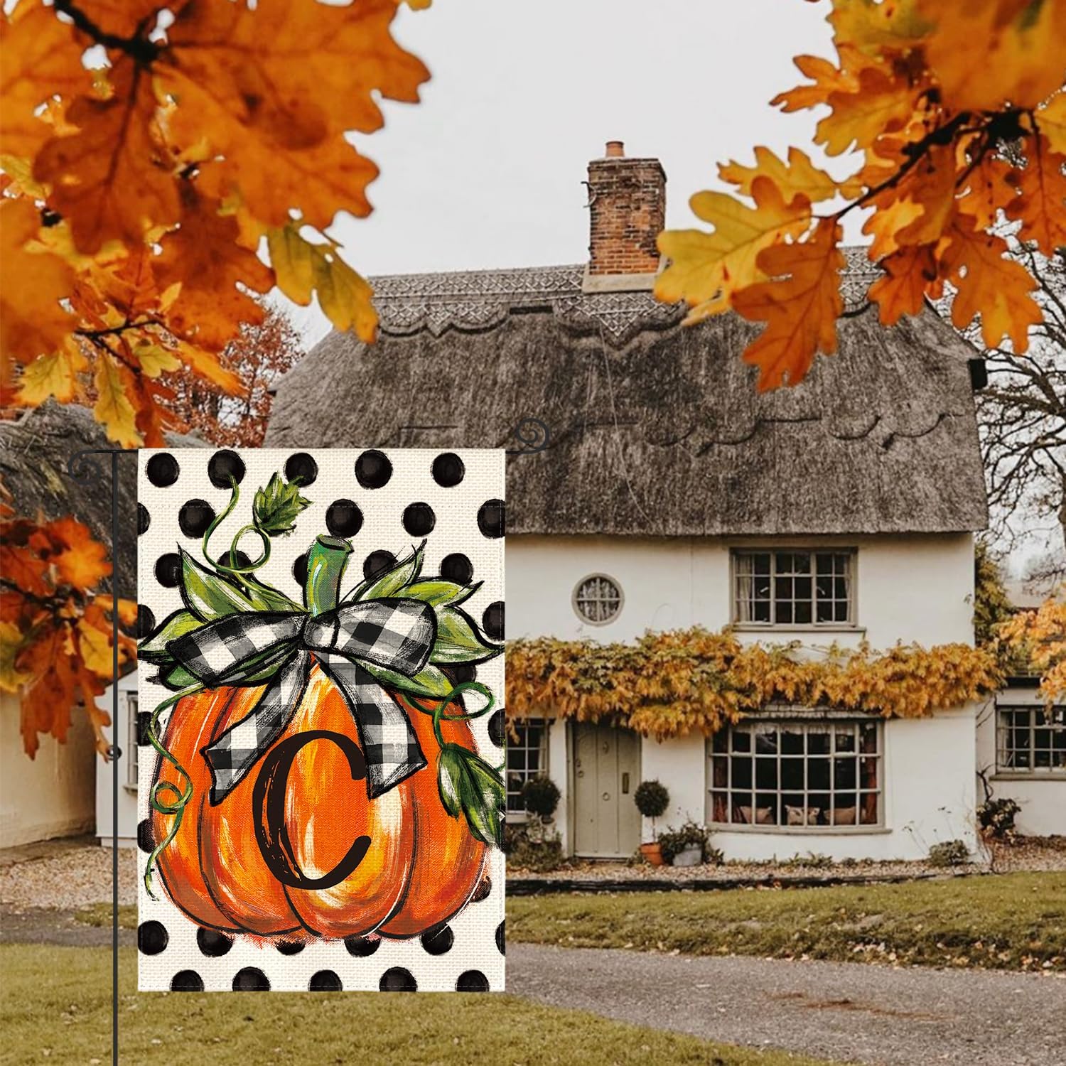 Gyryp Fall Monogram Letter C Garden Flag Polka Dot Pumpkin 12x18 Inch ...