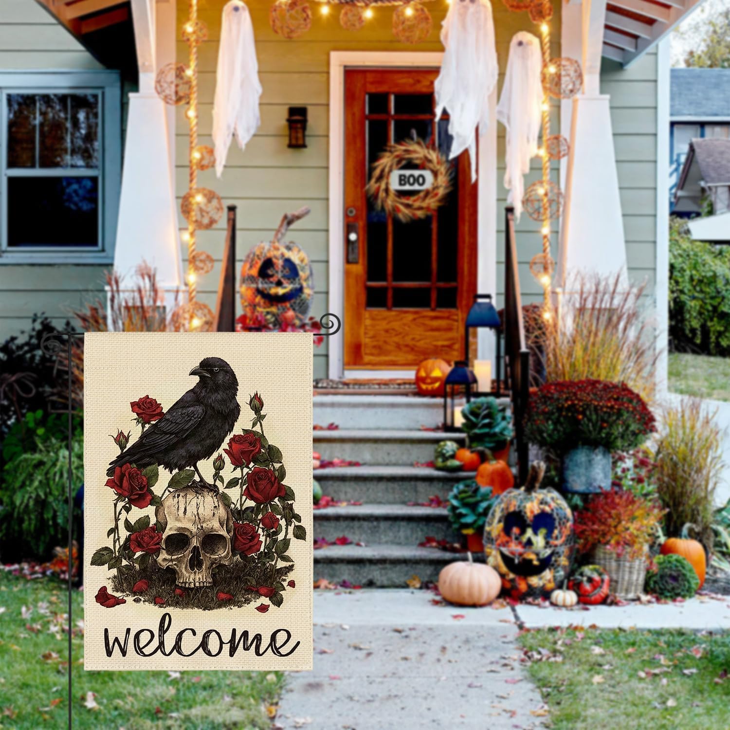Gyryp Halloween Welcome Skull Rose Crow Garden Flag Double Sided, Day ...