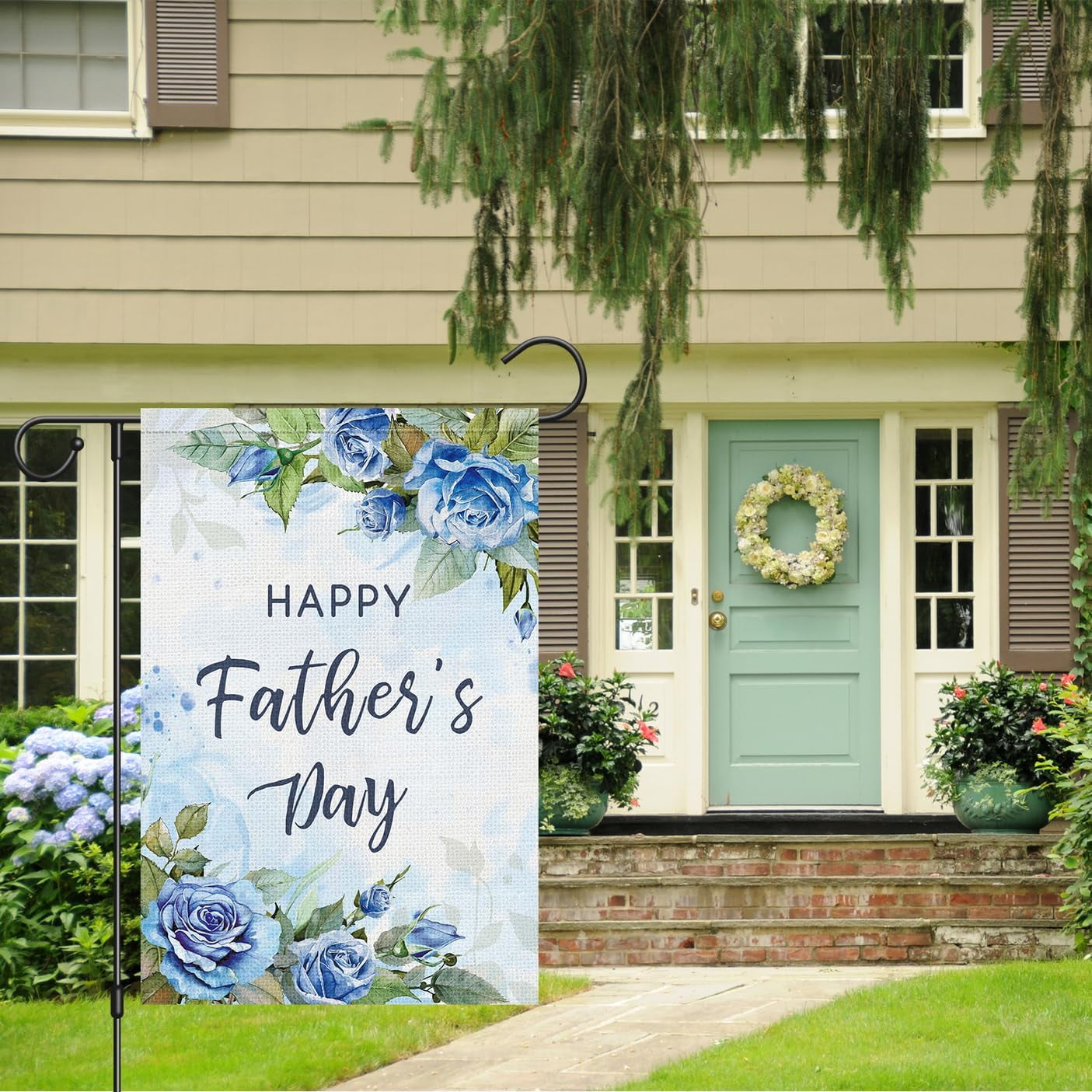 Gyryp Happy Father's Day Garden Flag 12x18 , Burlap Blue Floral Rose ...