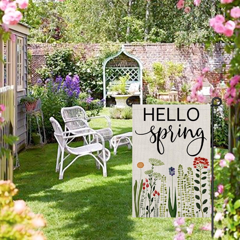 Gyryp Hello Spring Floral Garden Flag 12x18 Inch Burlap Double Sided ...