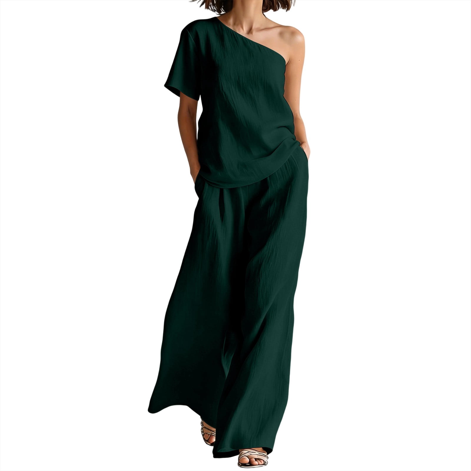 Gytharion 2 Piece Summer One Shoulder Outfits Soild Color Short Sleeve ...