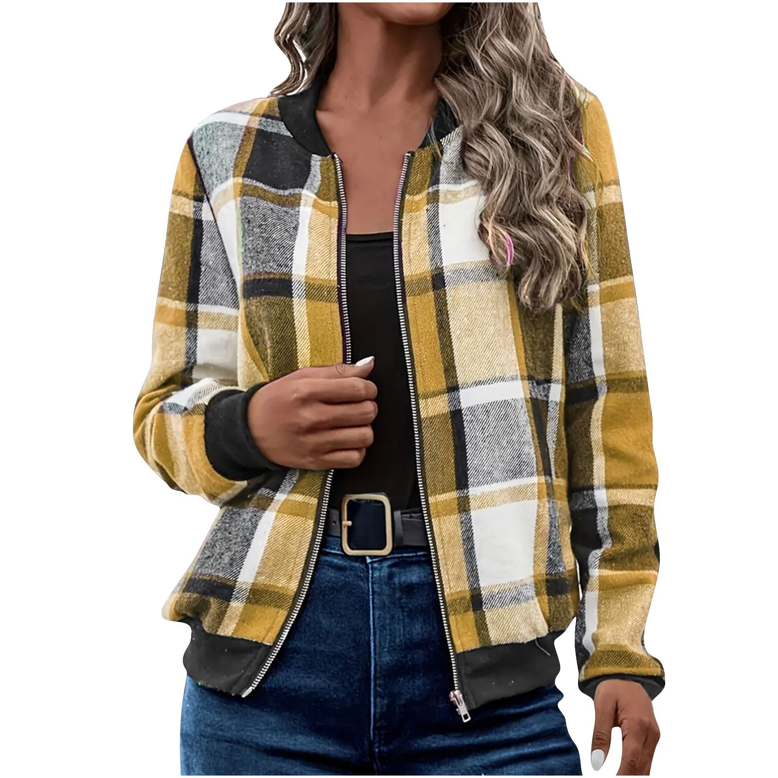 Gytharion Full Zip Jackets for Women Fashion Casual Plaid Printed Long ...