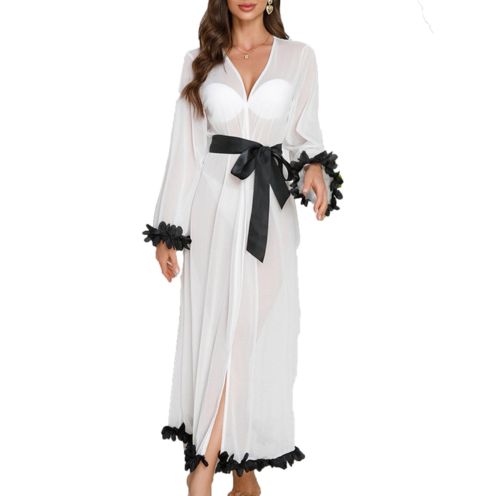 Gytharion Long Robe for Women Long Sleeve Lace Bridal Wedding Bathrobe ...