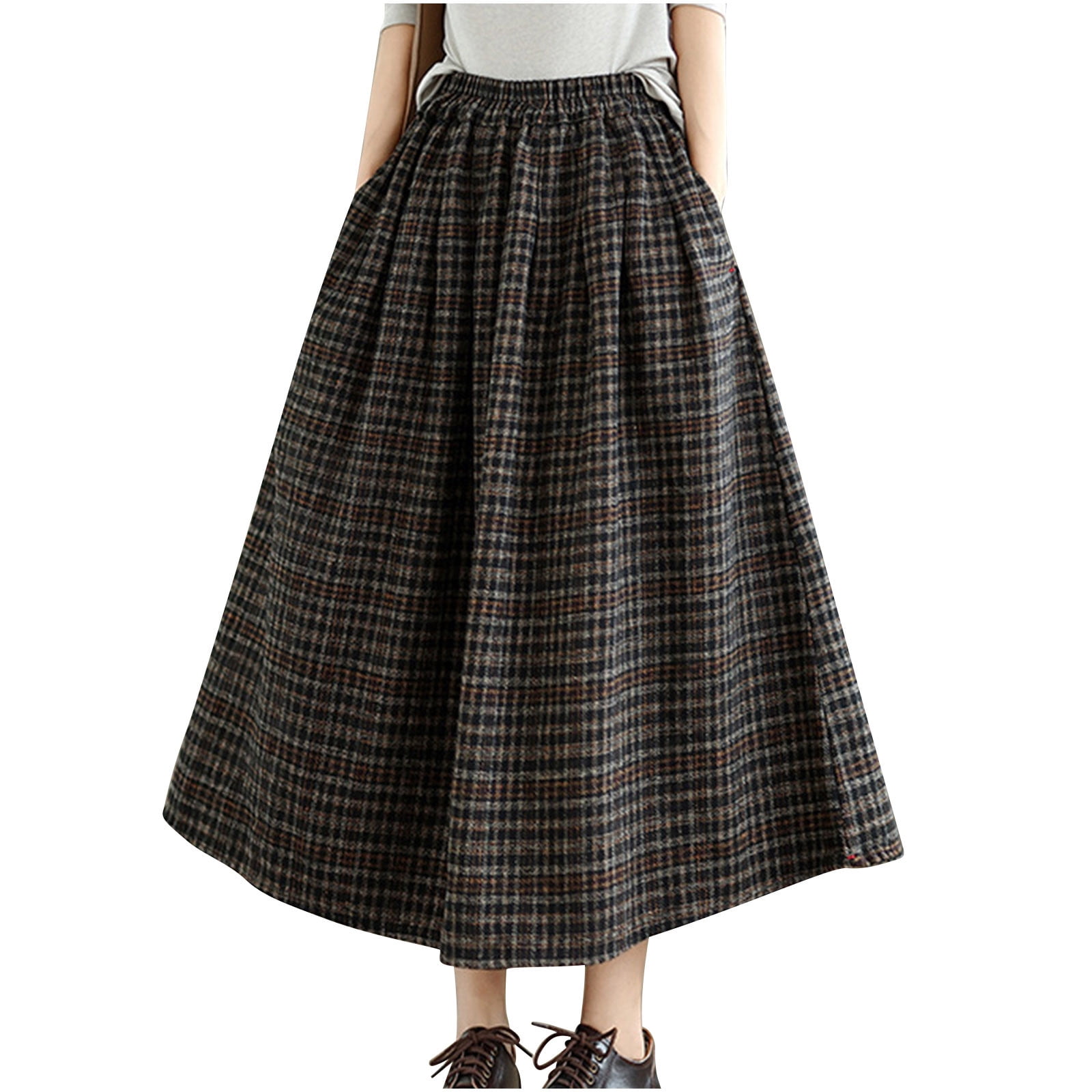 Gytharion Women's Wool Midi Skirts Fashion Plaid Print Elastic High ...