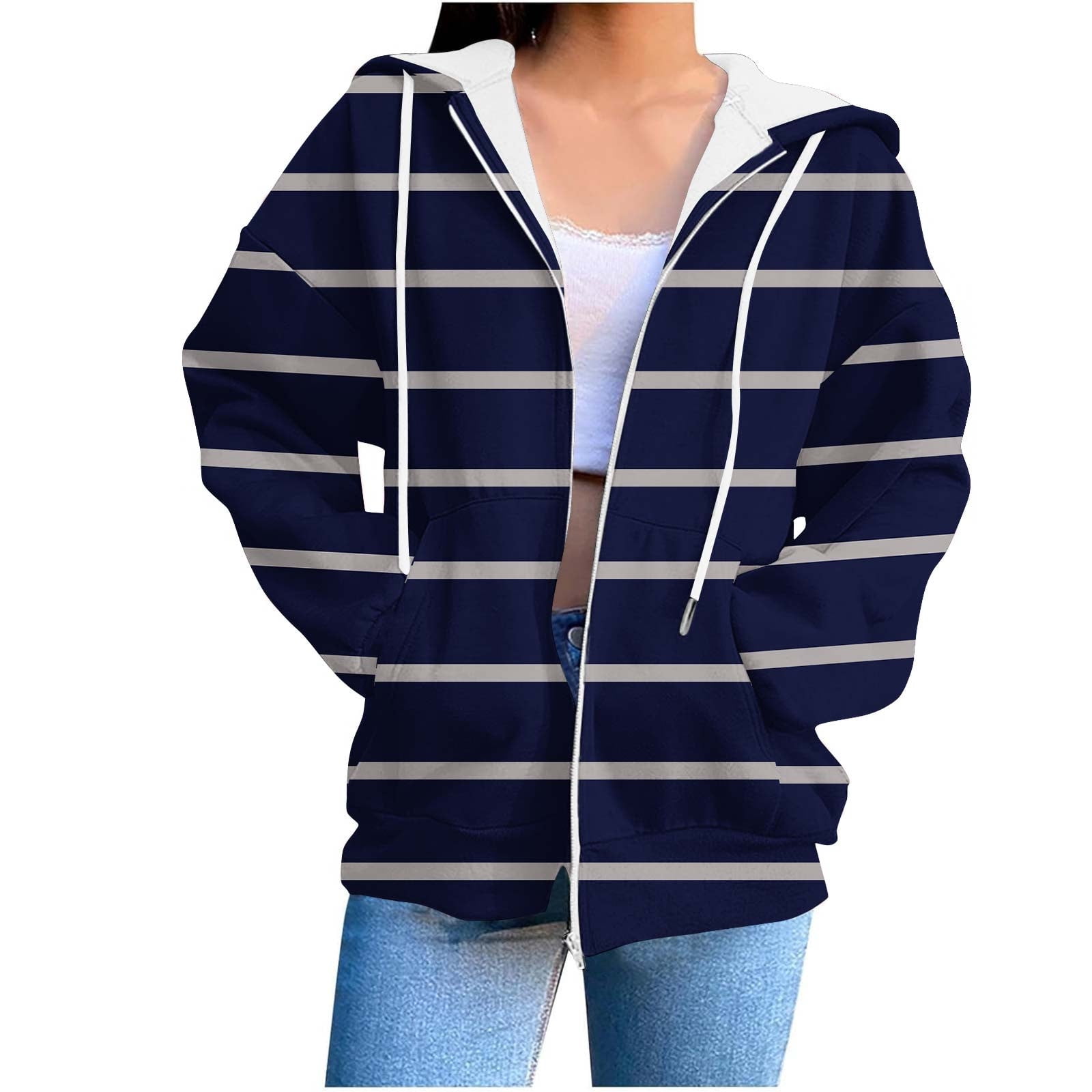 Gytharion Women's Zip Up Hoodies Fashion Stripe Printed Drawstring ...