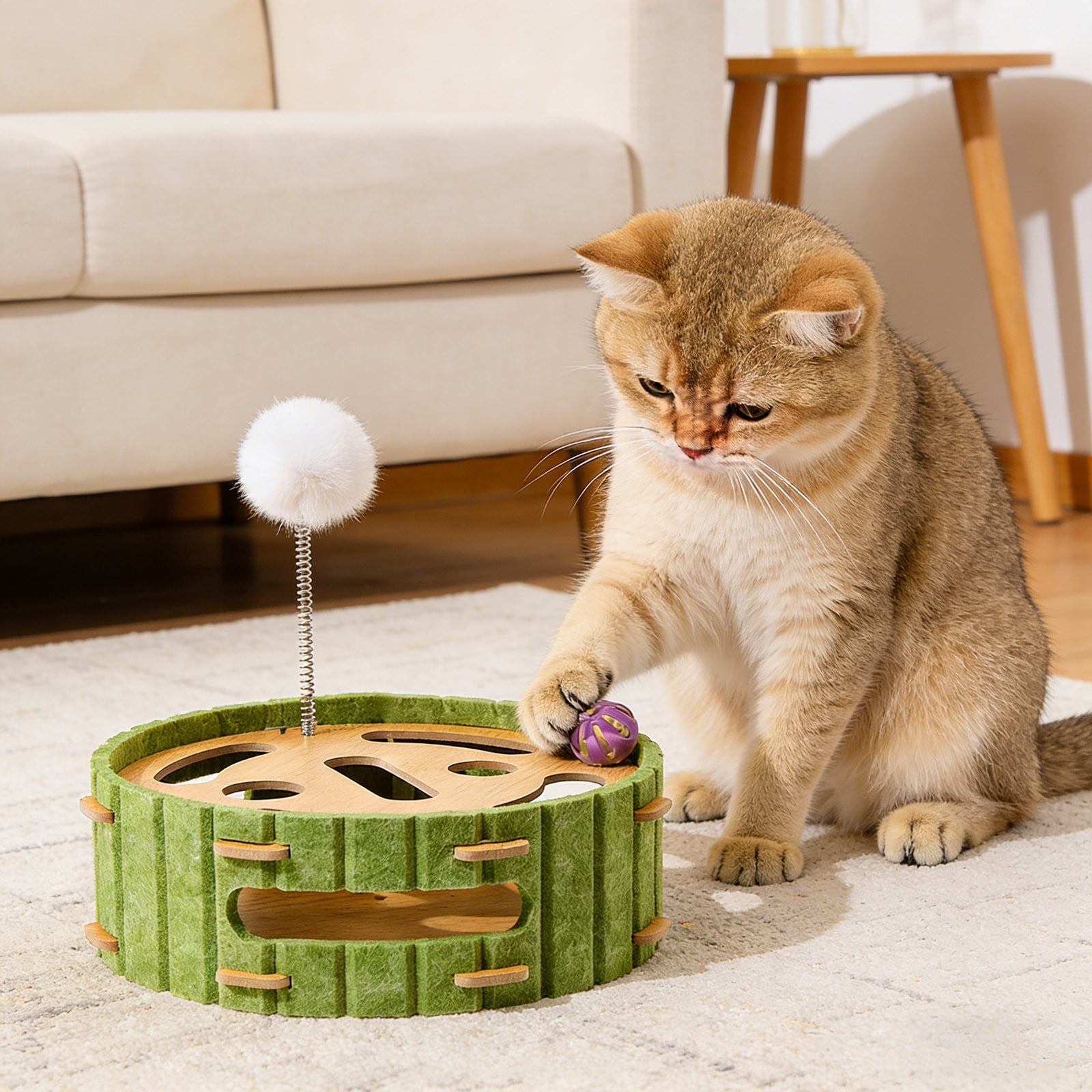 Gytml Interactive Wooden Cat Puzzle Toy With Spring Ball, Round Cat Toy ...