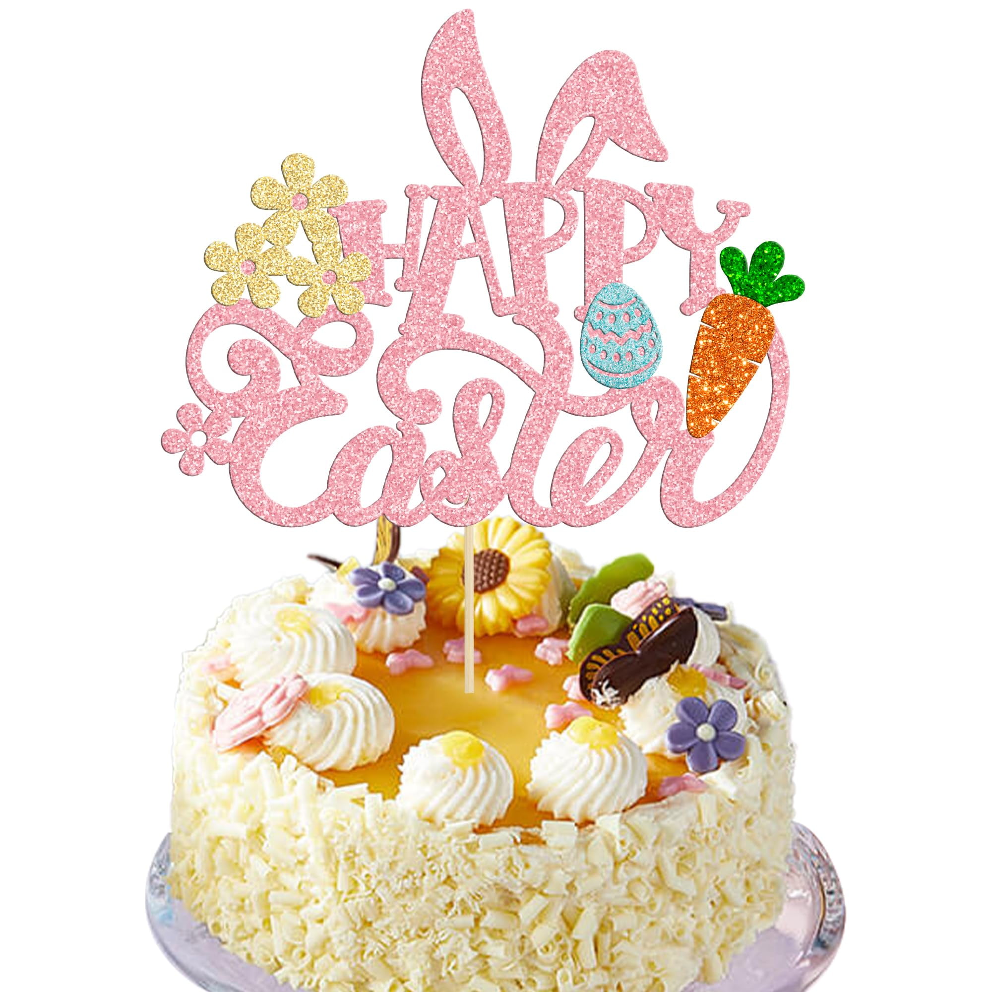Gyufise 1 PackTRDN Happy Easter Cake Topper Glitter Bunny Ear Cake Pick Decorations for Happy ...