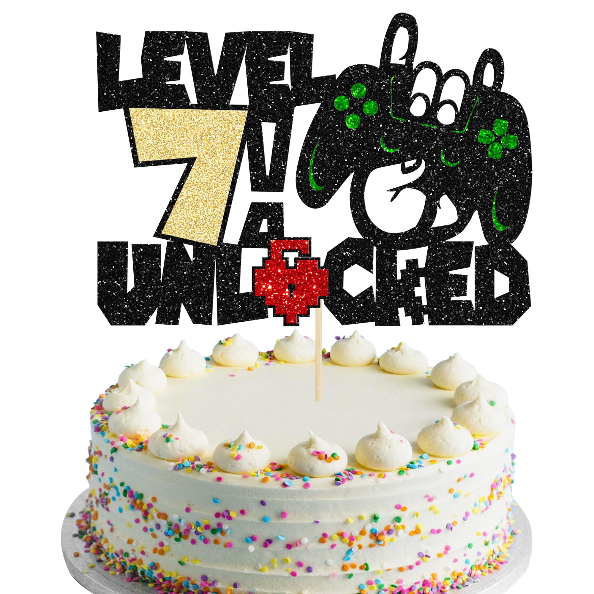 Gyufise 1Pcs Video Game 7th Birthday RST1 Cake Topper Controller Cake Pick Level 7th Unlocked ...