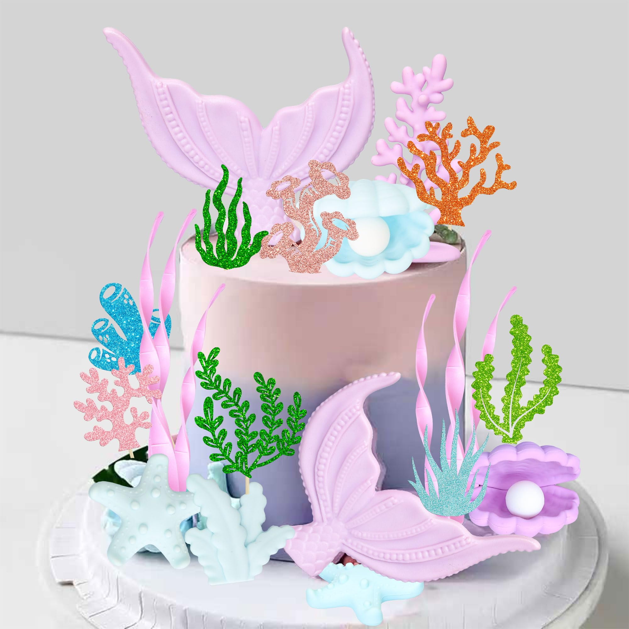 Gyufise 21Pcs MermaidEGSC Cake Topper Big Mermaid Tails Seaweed Shells ...