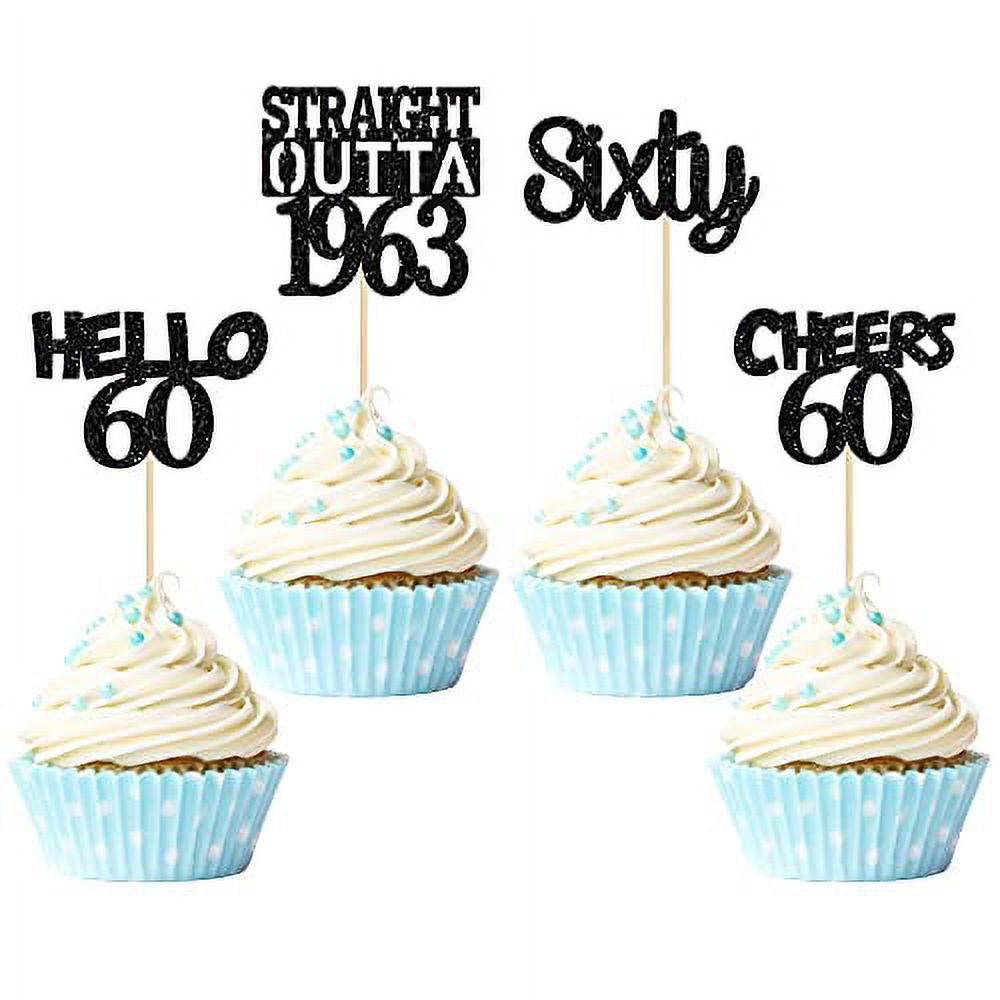 Gyufise 24 Pack Black 60th Birthday Cupcake Toppers Glitter Sixty ...