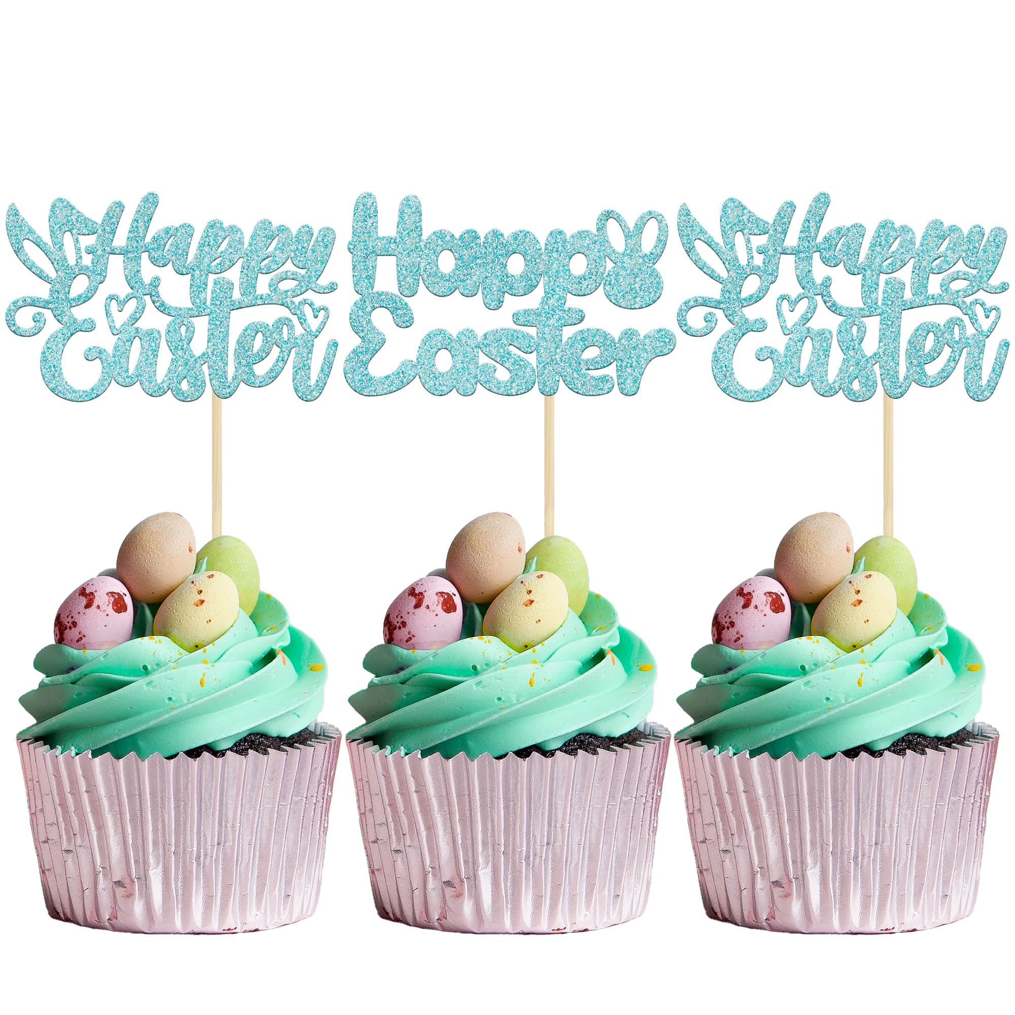 Gyufise 24 Pack Blue Glitter Happy Easter Cupcake Toppers Easter Bunny ...