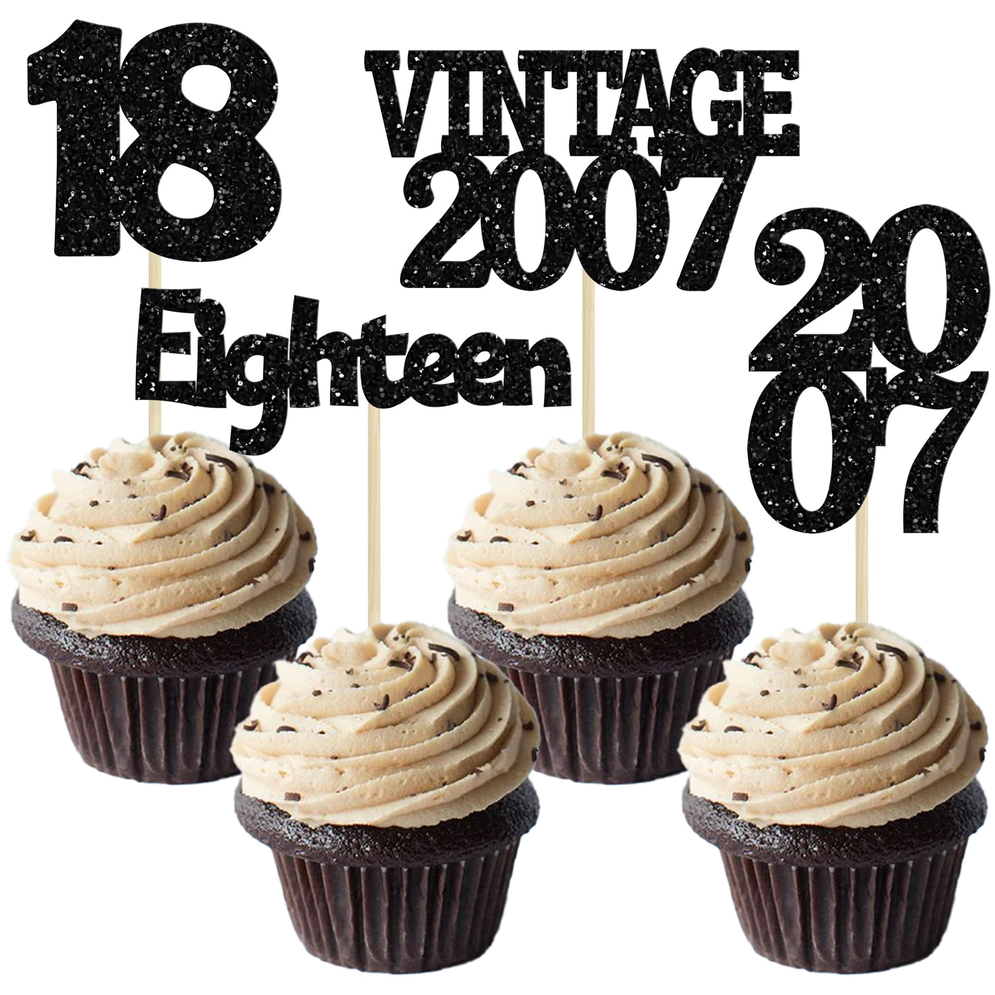 Gyufise 24Pcs 18th Birthday Cupcake Toppers AFN1Glitter Eighteen 2007 ...