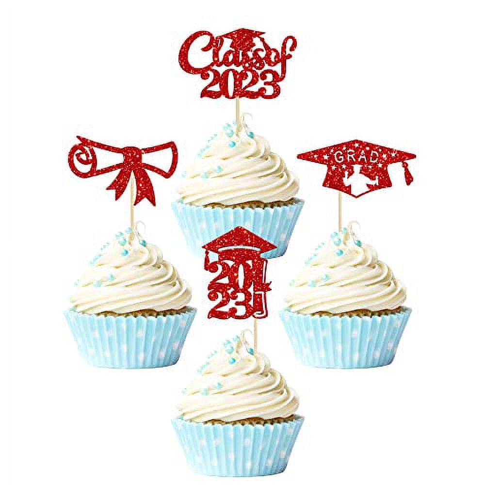 Gyufise 24Pcs 2023 Graduation Cupcake Toppers Red Glitter Class of 2023 ...