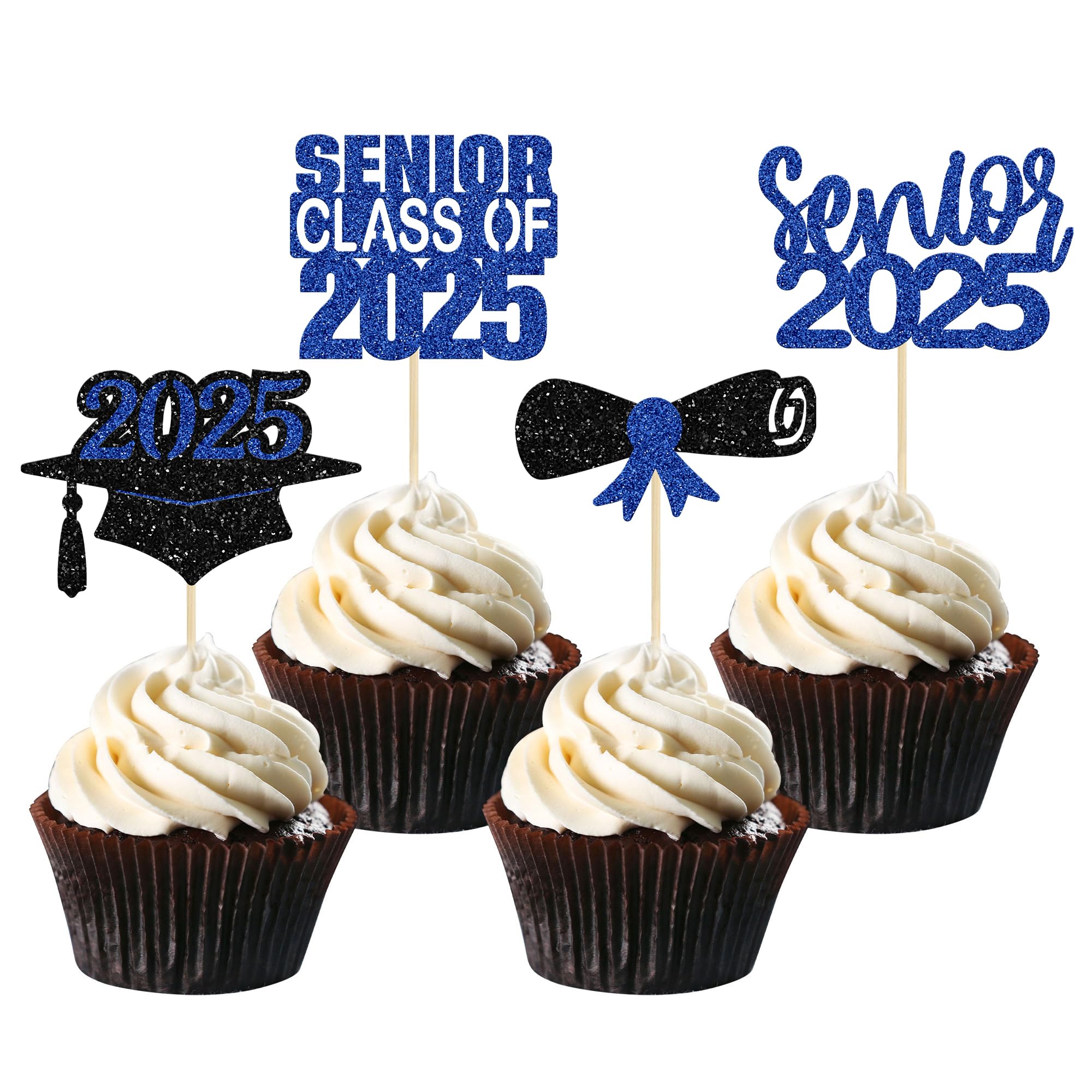 Gyufise 24Pcs 2025 Graduation Cupcake Toppers BSL1 Blue Glitter Senior ...