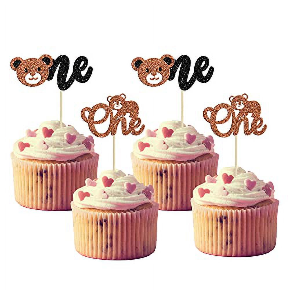 Gyufise 24Pcs Bear Cupcake Toppers Glitter Bear One Cupcake Picks First Birthday Cake ...