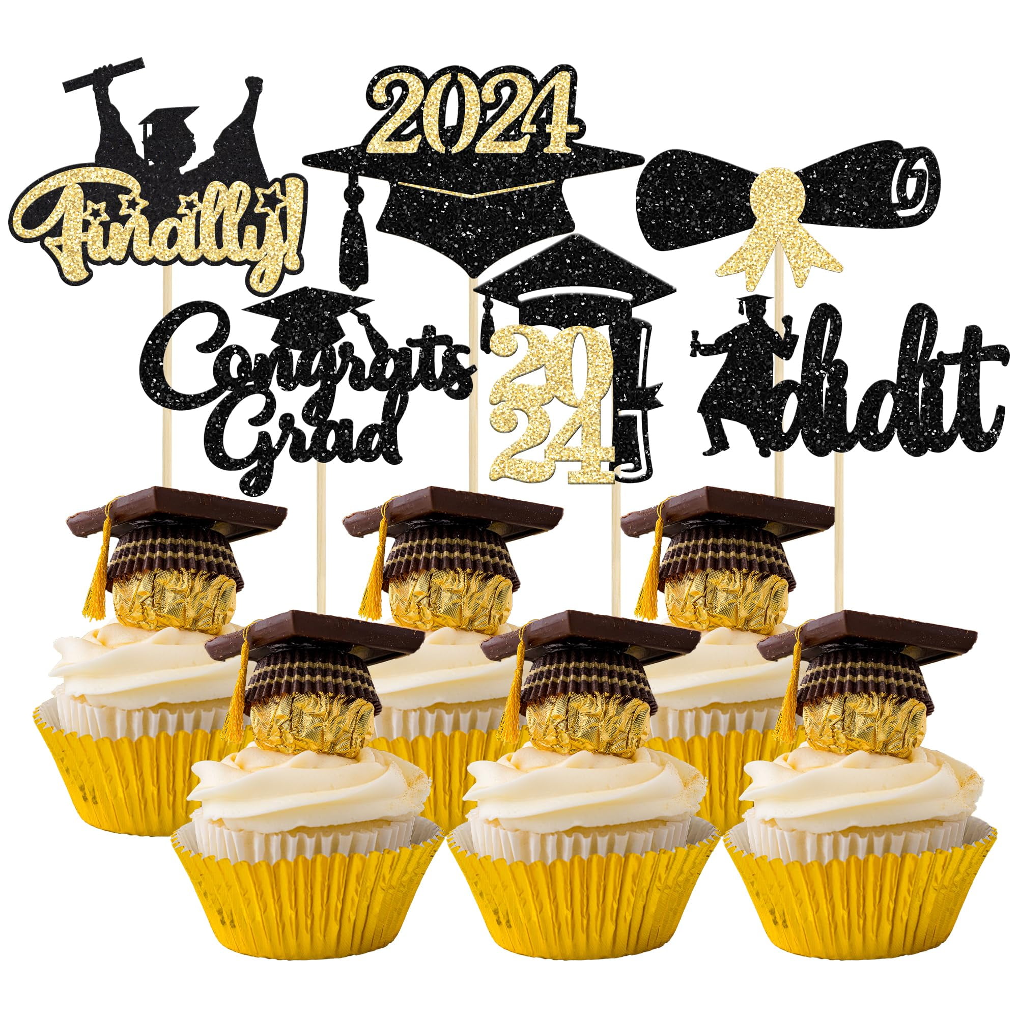 Gyufise 24Pcs Black Gold Glitter 2024 Graduation Theme Cupcake Toppers ...