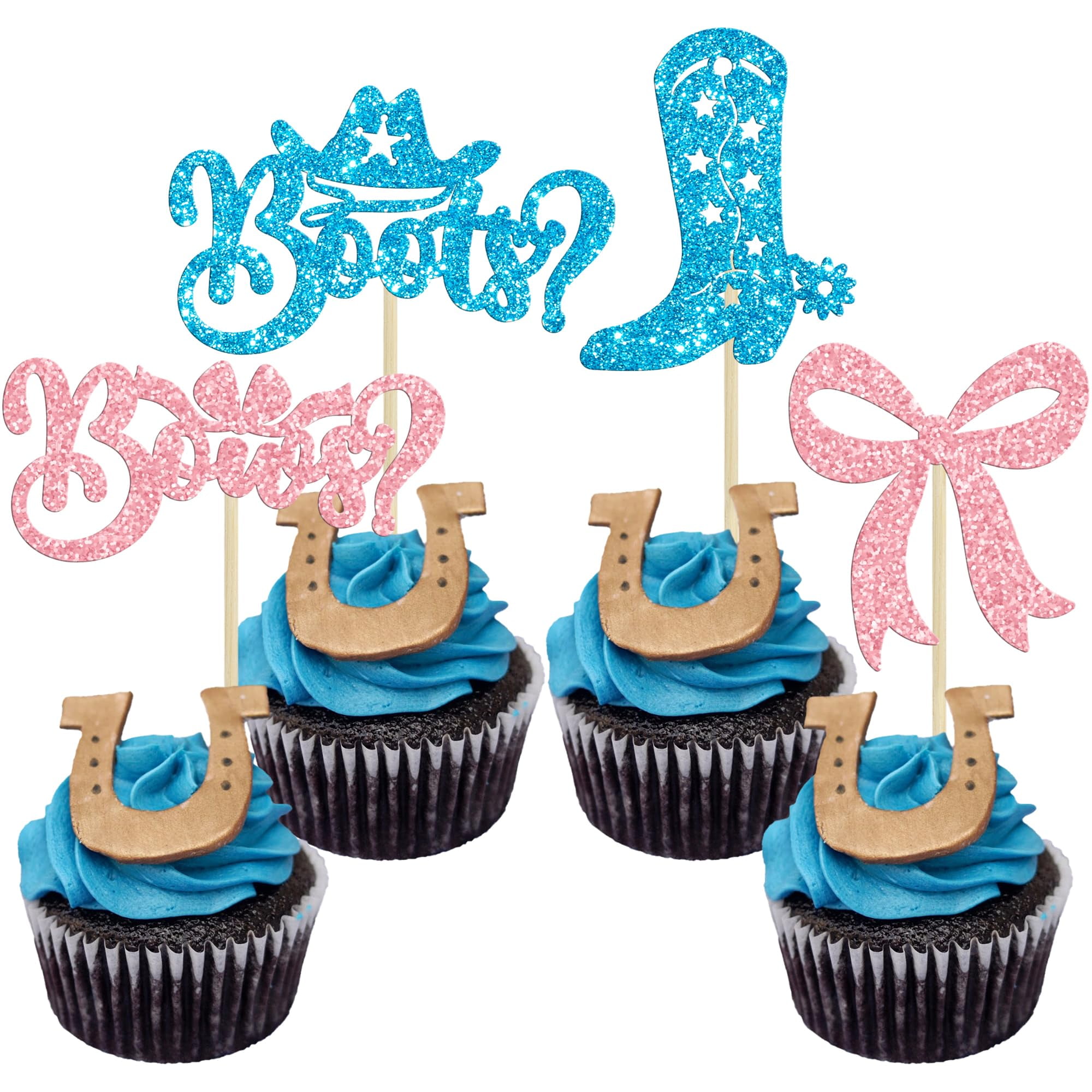 Gyufise 24Pcs Boots or KEF16 Bows Cupcake Toppers Glitter Gender Reveal ...