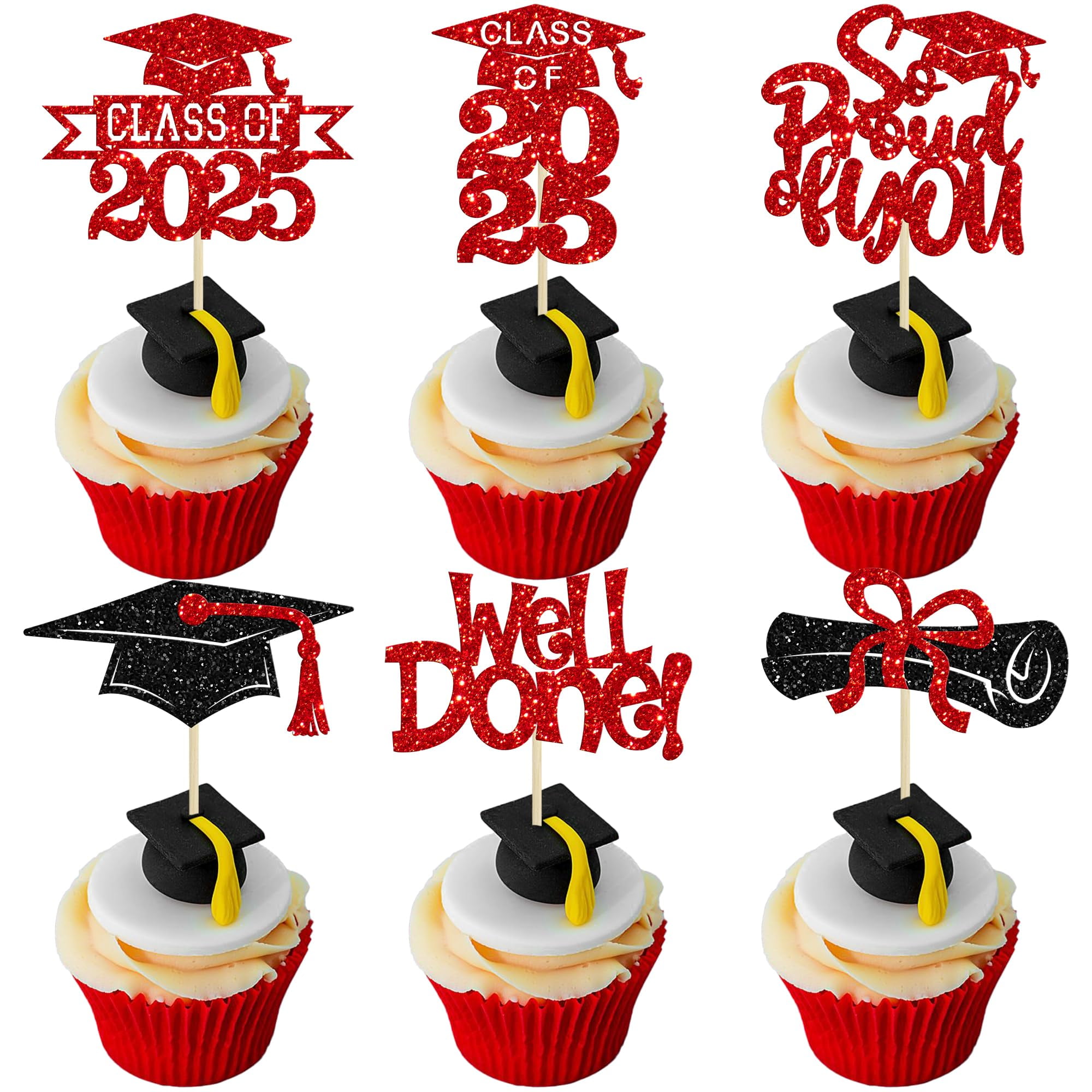 Gyufise 24Pcs Congrats Grad 2025 Cupcake Toppers H2FSDGlitter 2025 ...