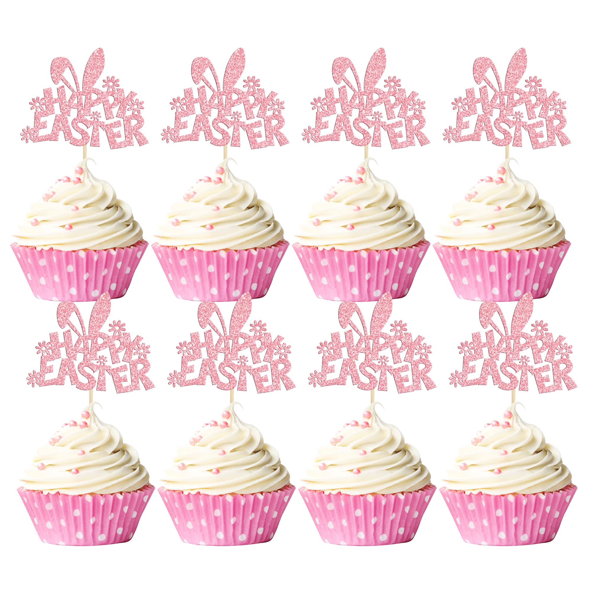 Gyufise 24Pcs Easter Cupcake Toppers Pink Glitter Bunny Ear Cake ...
