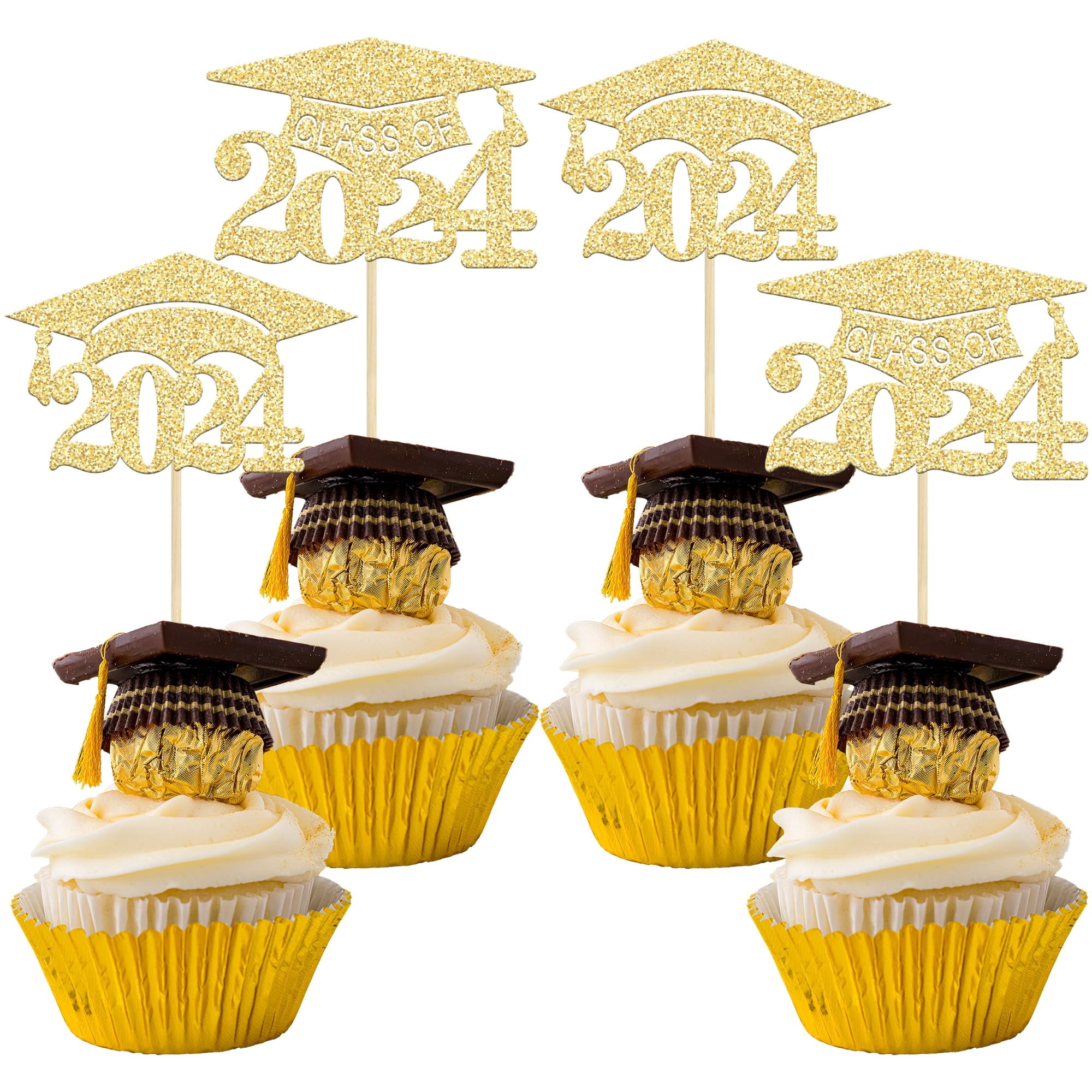Gyufise 24Pcs Gold Glitter 2024 Graduation Cupcake Toppers Class of ...