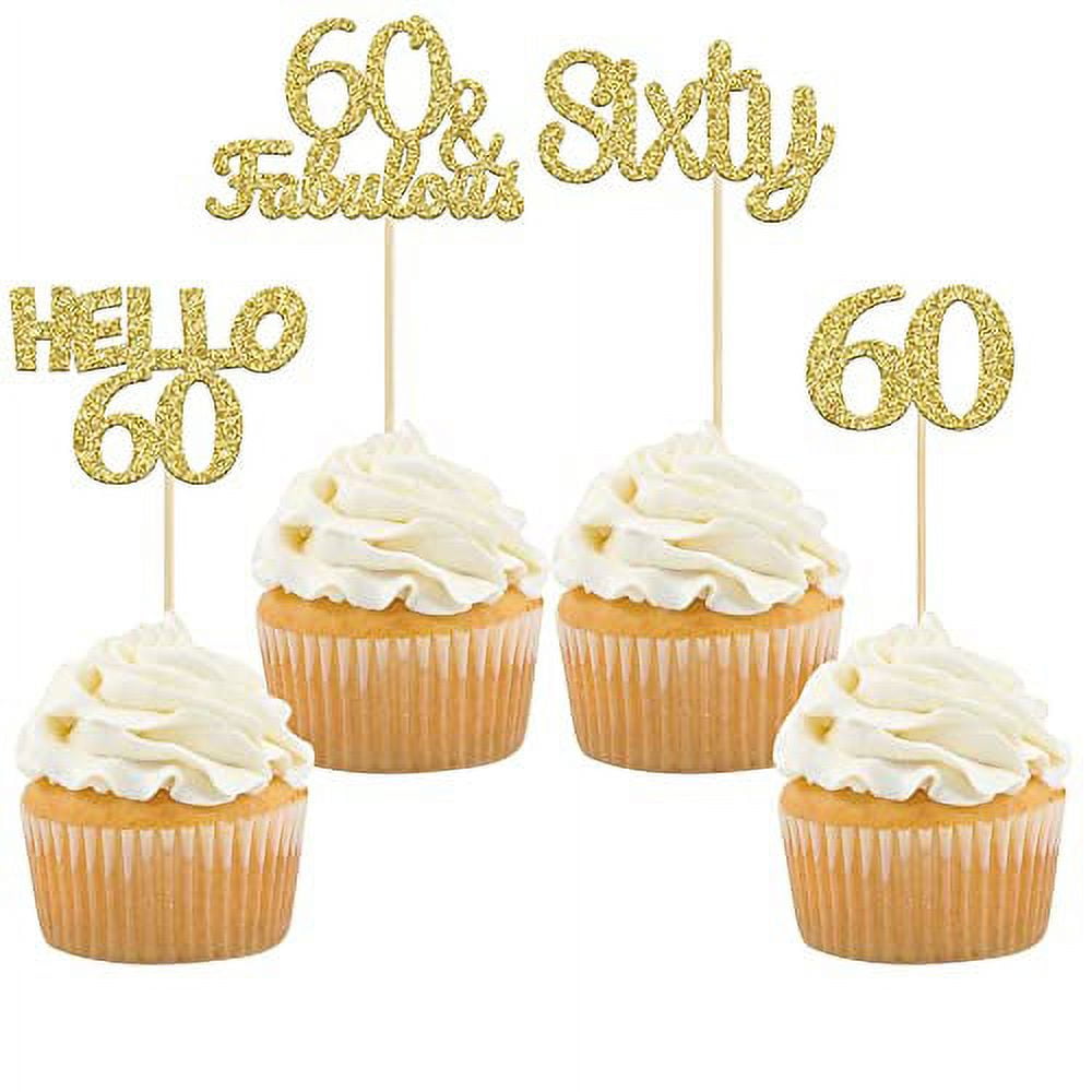 Gyufise 24Pcs Gold Glitter 60th Birthday Cupcake Toppers Hello 60 Sixty ...