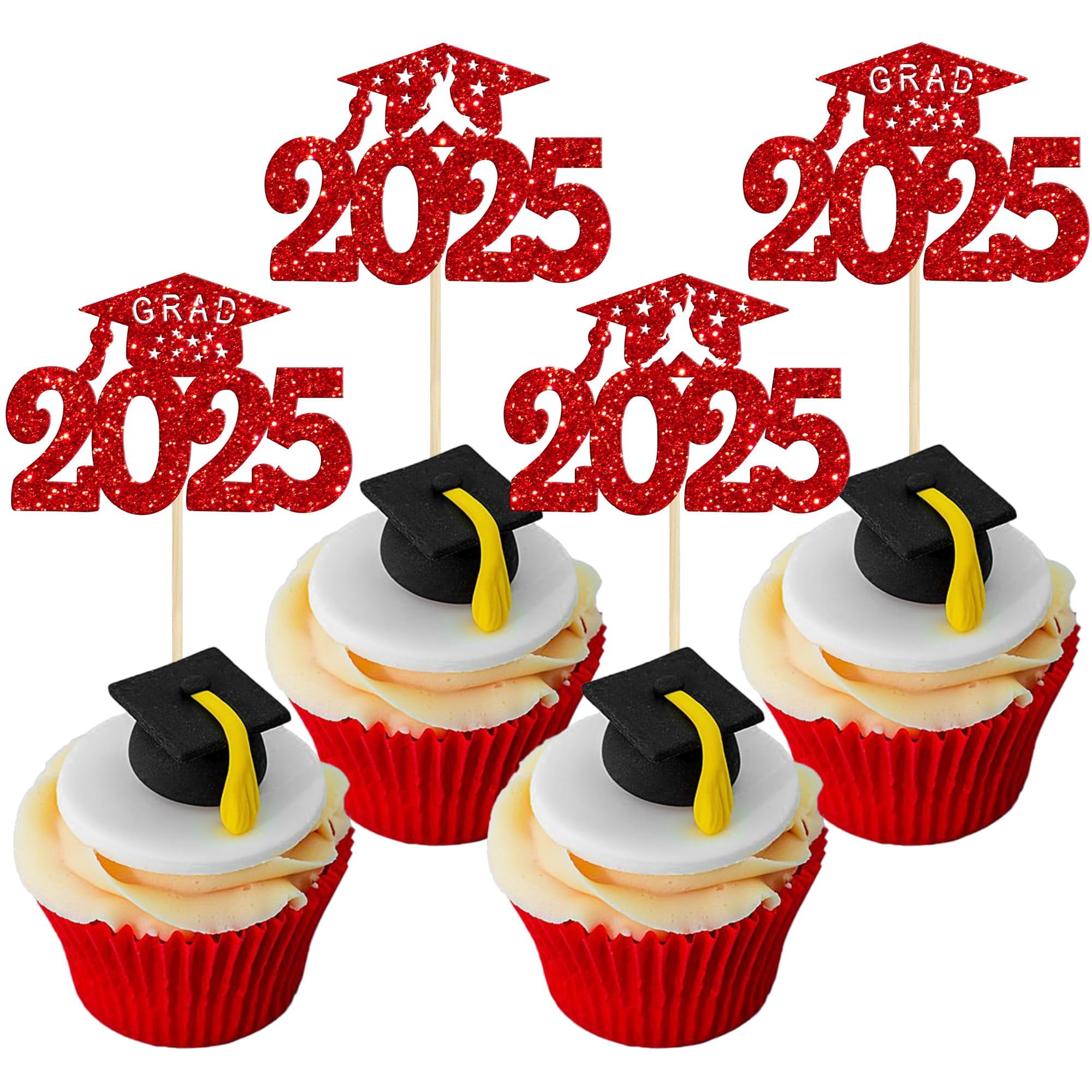 Gyufise 24Pcs Graduation SCH4 Cupcake Toppers 2025 Red Glitter Class of ...