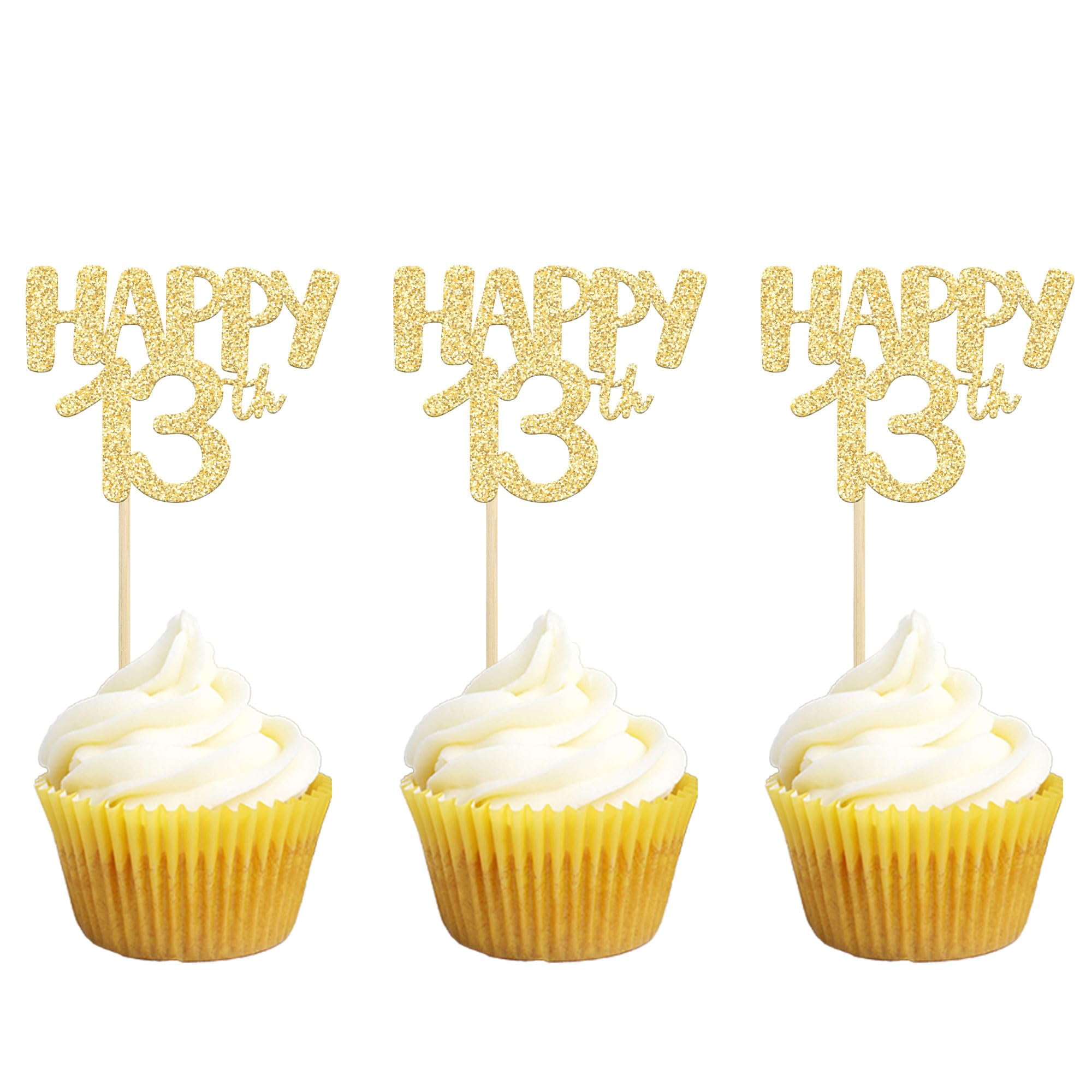 Gyufise 24Pcs Happy 13th Birthday Cupcake Toppers Gold Glitter Number ...