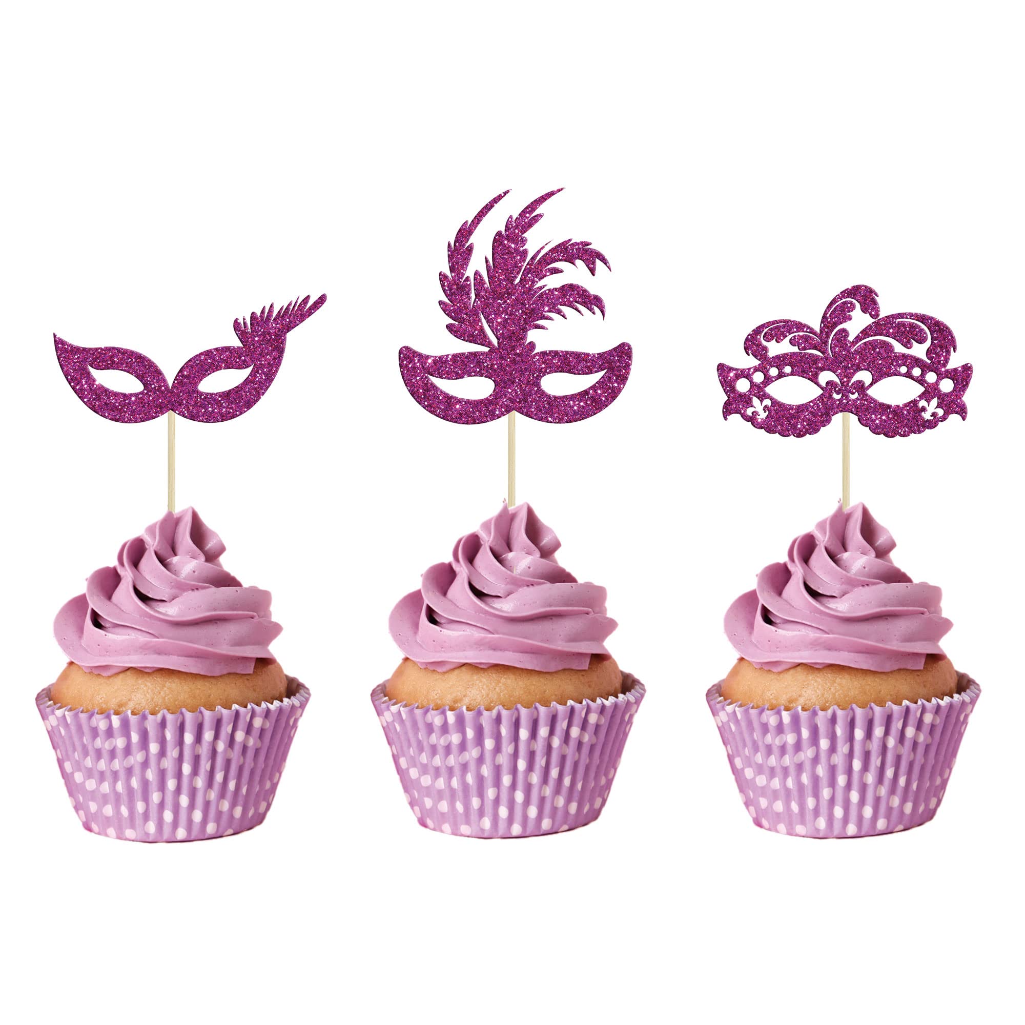 Gyufise 24Pcs Masquerade Masks Cupcake Toppers Purple Glitter ...