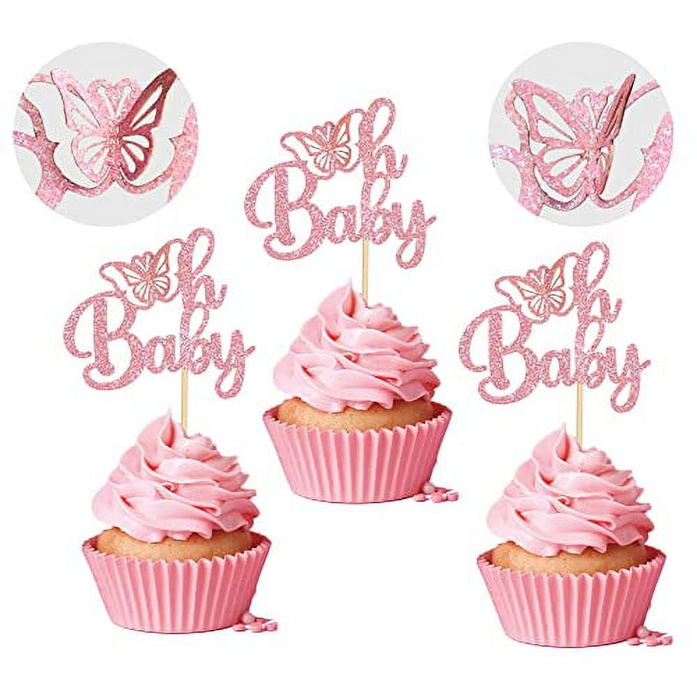 Gyufise 24Pcs Pink Glitter .. Oh Baby Butterfly Cupcake .. Toppers ... Gyufise 24Pcs Pink Glitter .. Oh Baby Butterfly Cupcake .. Toppers ...