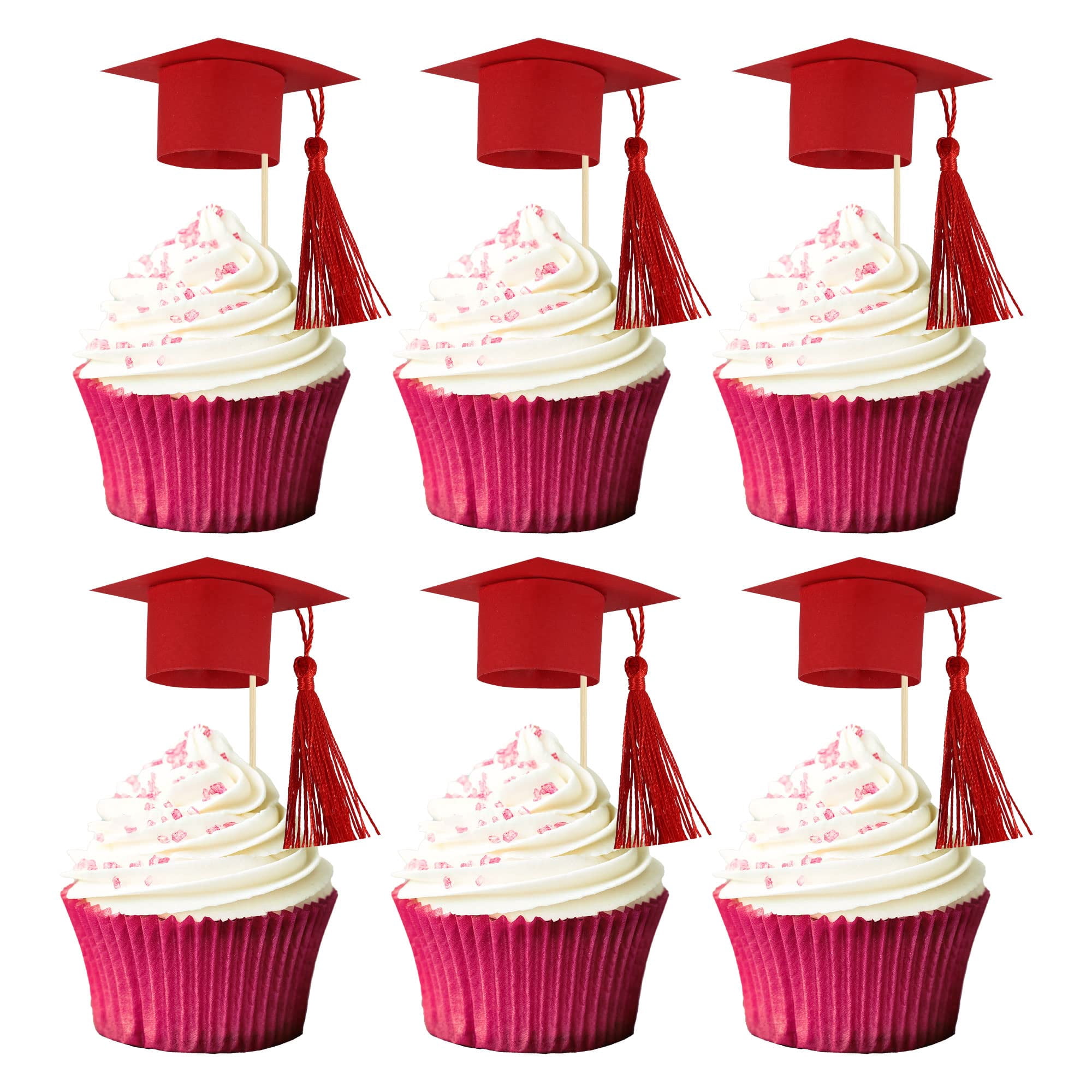 Gyufise 24Pcs Red TWE5 Graduation Cap Cupcake Toppers with Tassel DIY ...