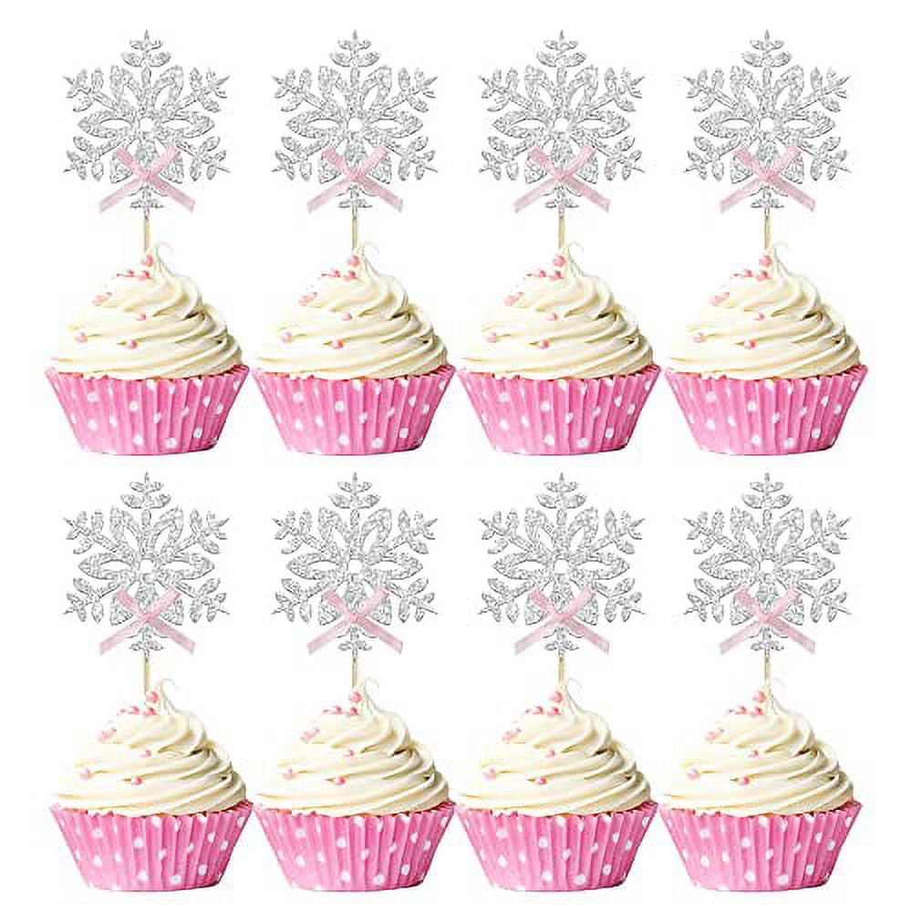 Gyufise 24Pcs Snowflake Cupcake Toppers with Pink Bow Glitter Snowflake ...